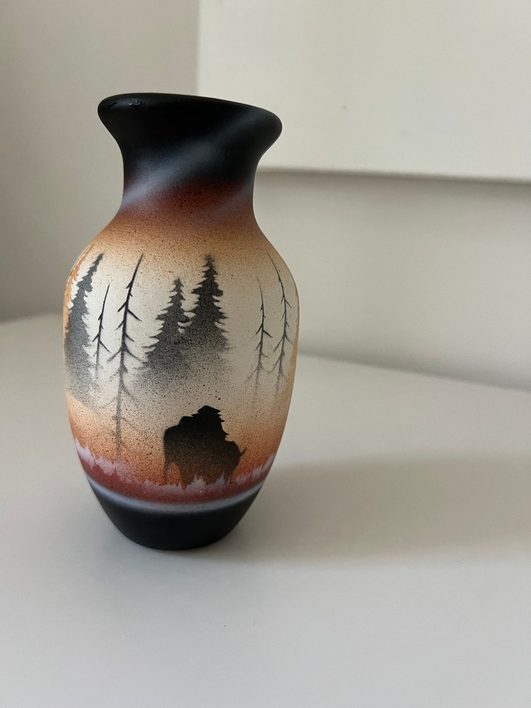 Cedar Mesa Native American Pottery Classic Black Bison in Wild Vase 6t ...