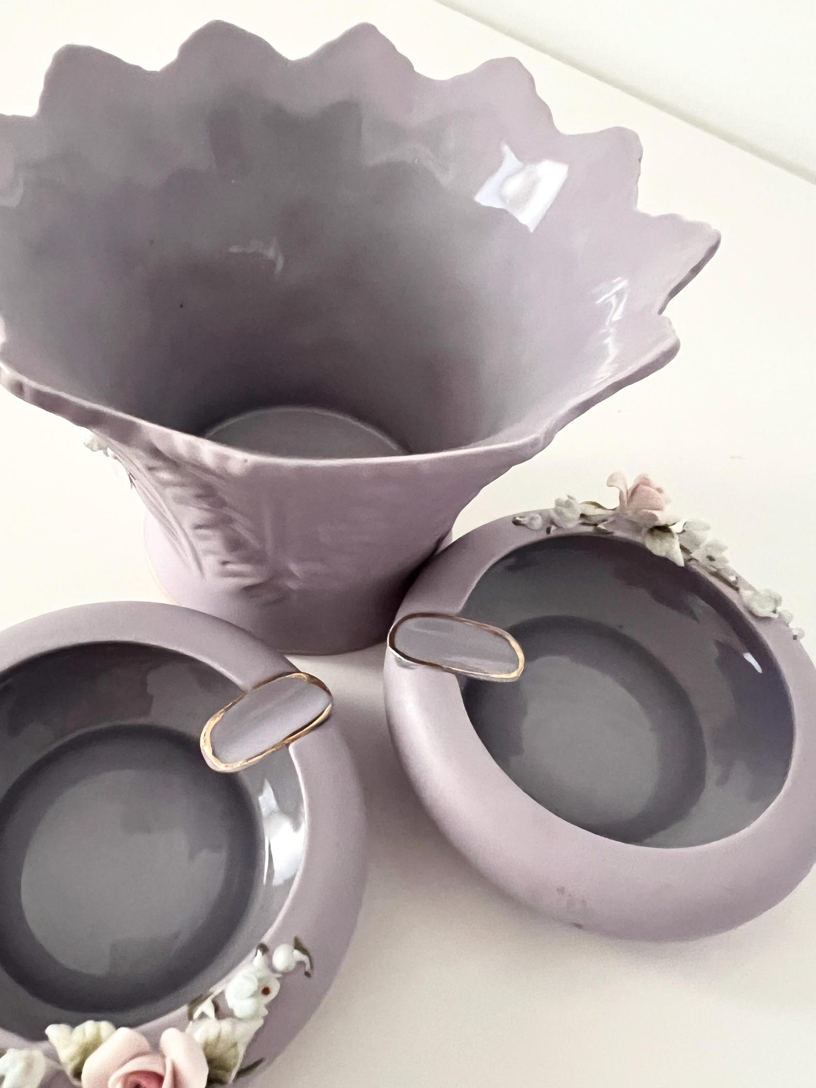 Lefton 4” Planter and Tray Set. Delicate Lavender and Pink Floral ...
