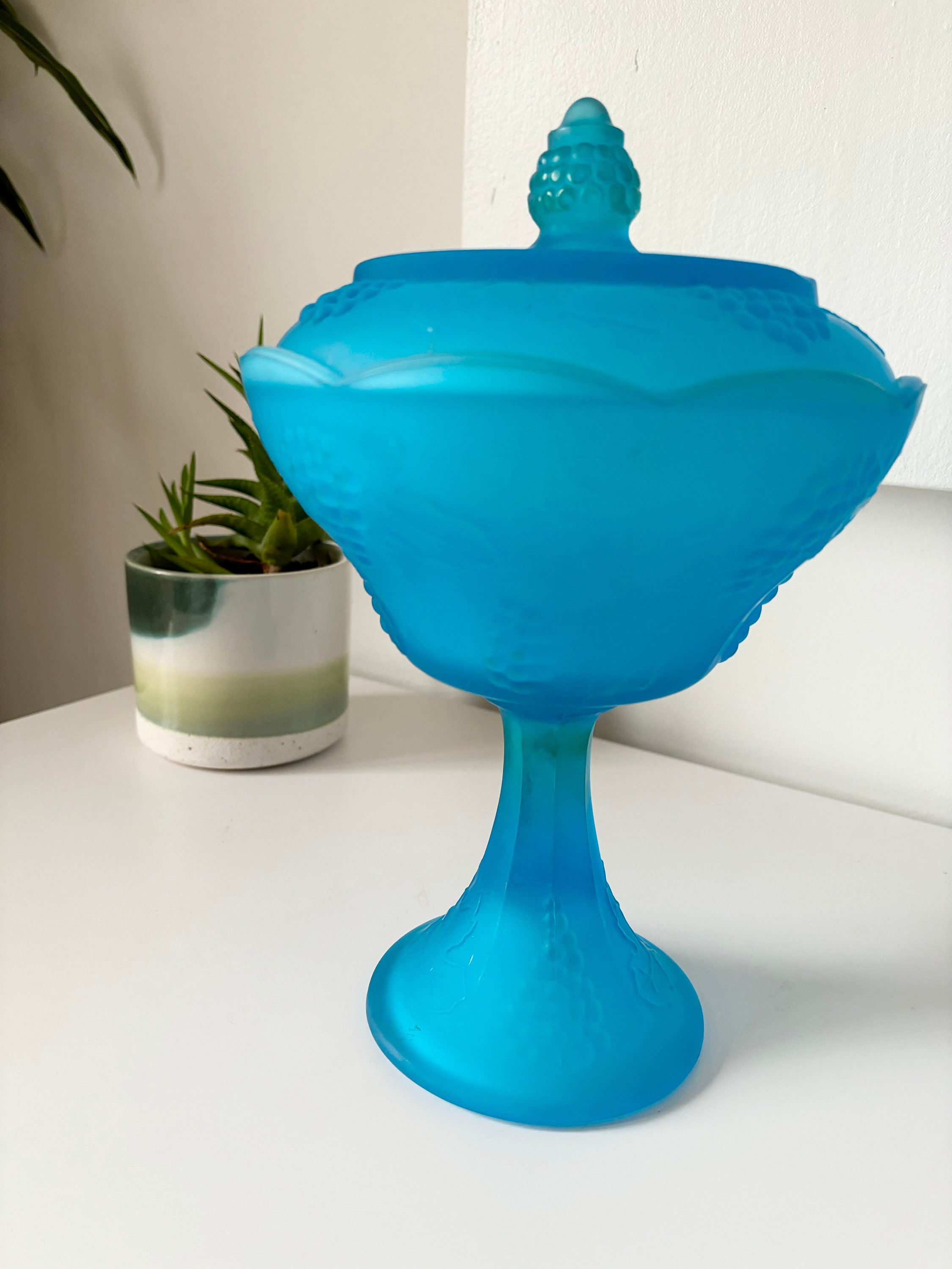Vintage Indiana Glass Blue Satin Lidded Harvest Grape Compote Frosted ...
