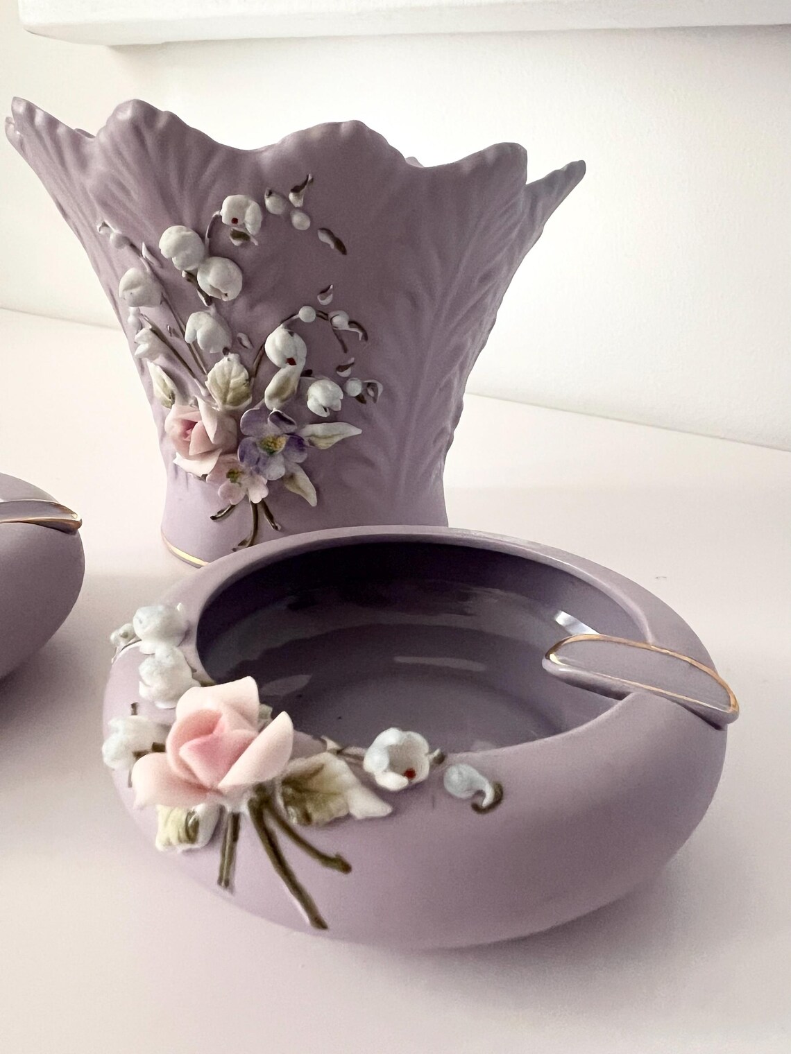 Lefton 4” Planter and Tray Set. Delicate Lavender and Pink Floral ...