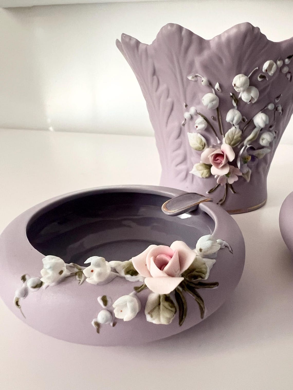 Lefton 4” Planter and Tray Set. Delicate Lavender and Pink Floral ...