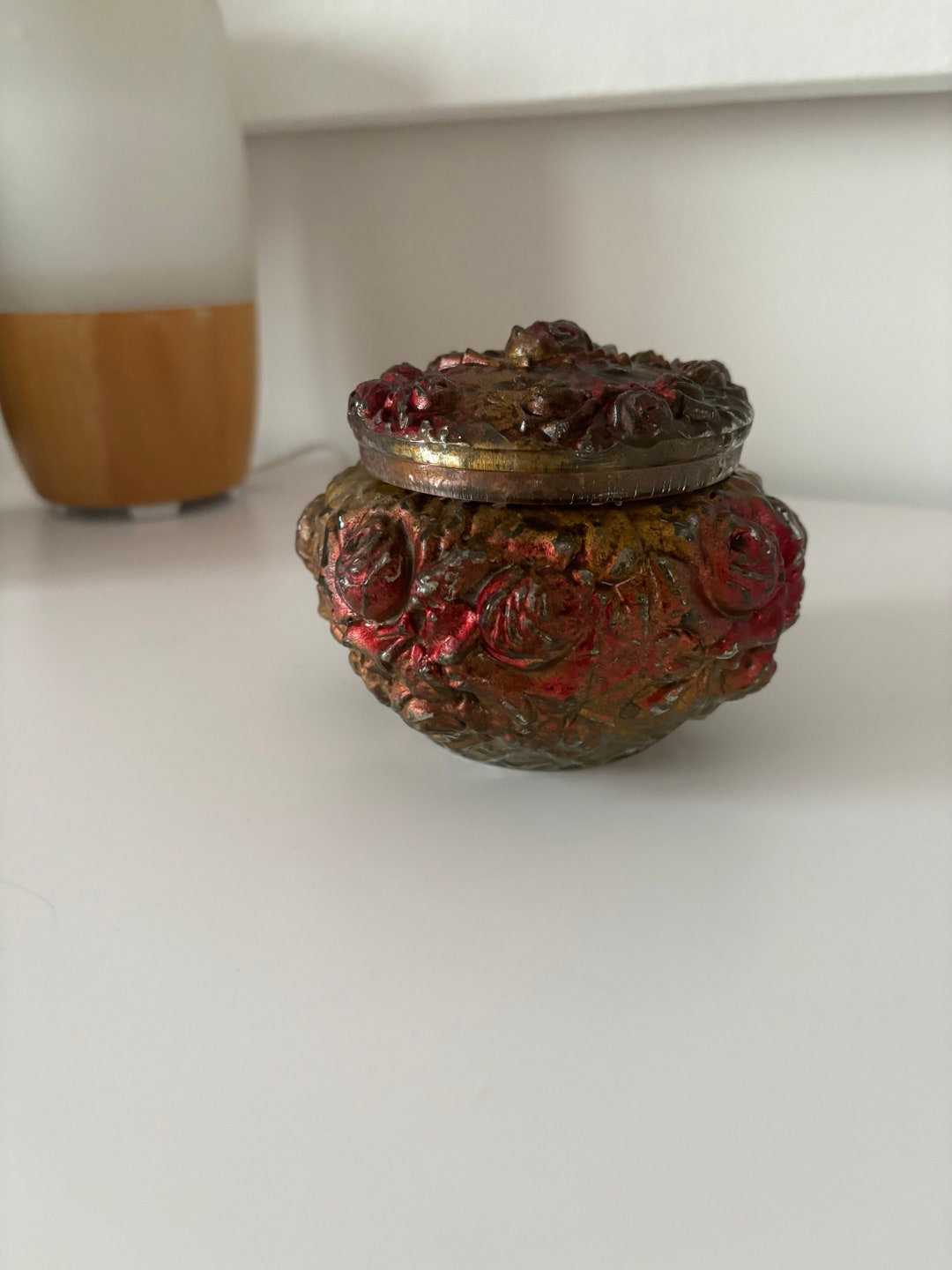 Victorian EAPG Rose Red Gold Vanity Decor Puff Box Rose Goofus Glass EP ...