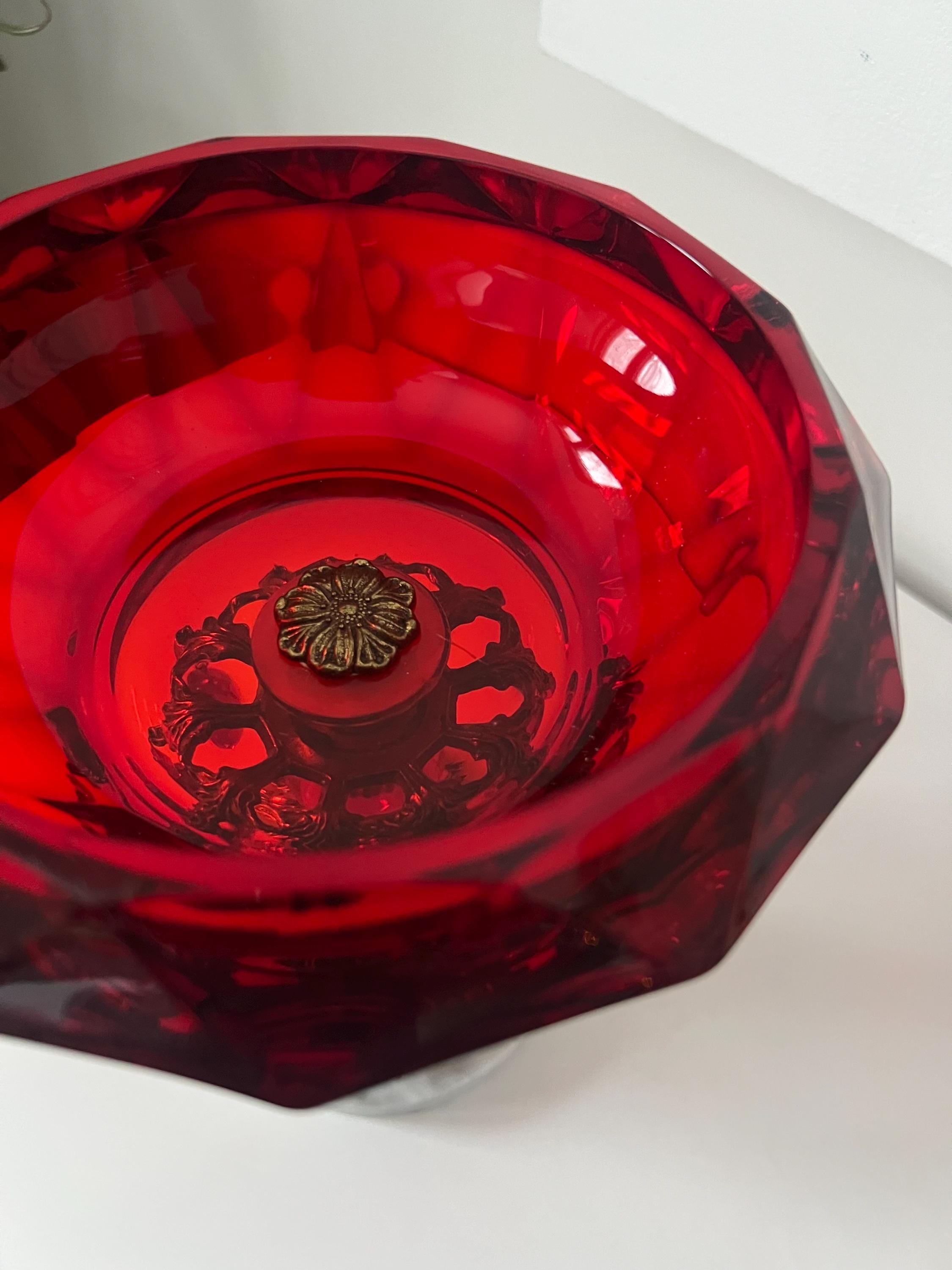 Stunning Vintage Viking Ruby Red Glow Diamond Point Candy Dish Marble ...