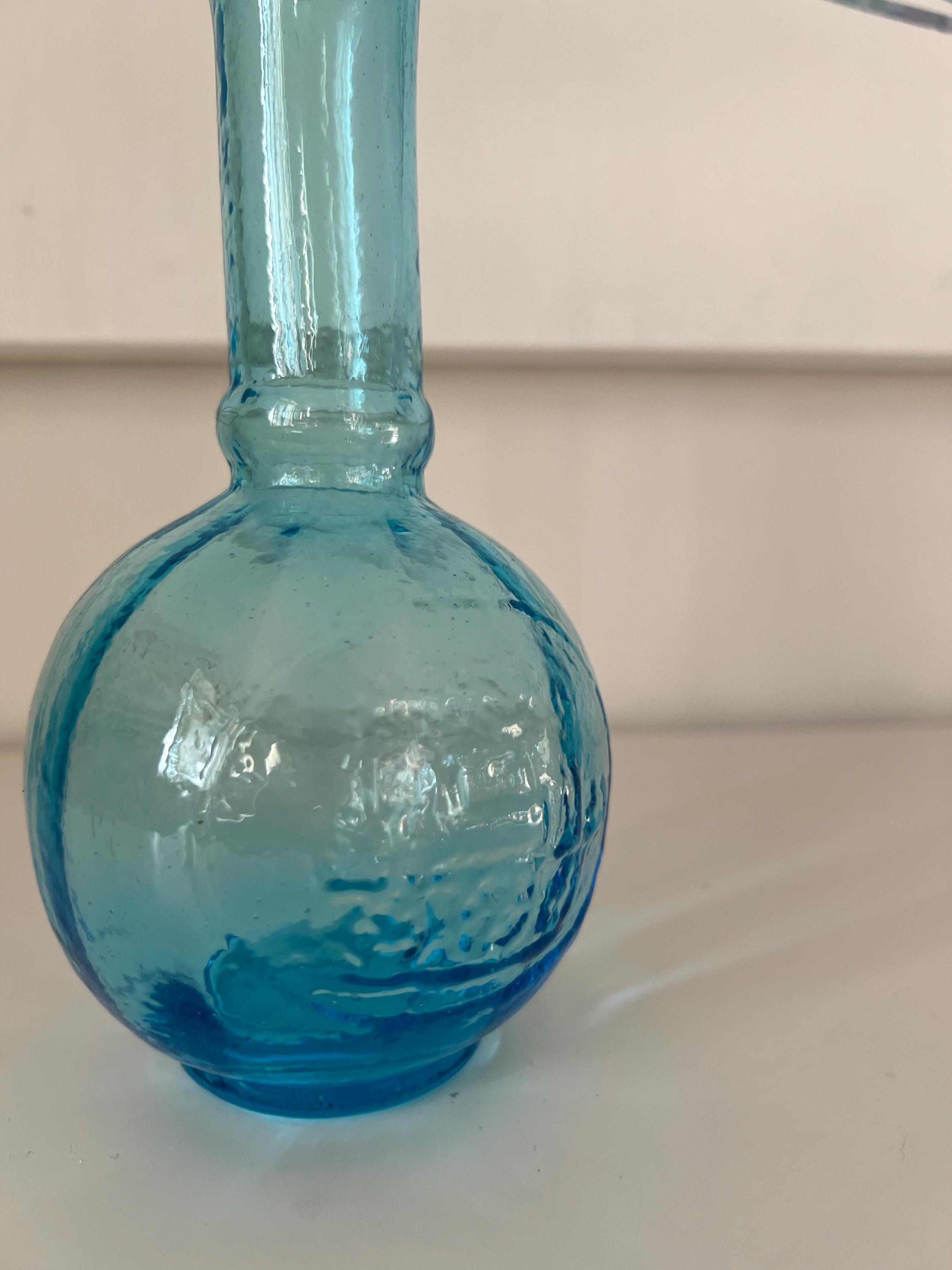 Vintage Blue Glass Vase With Train Embossment With Stemmed Ruffled Top ...
