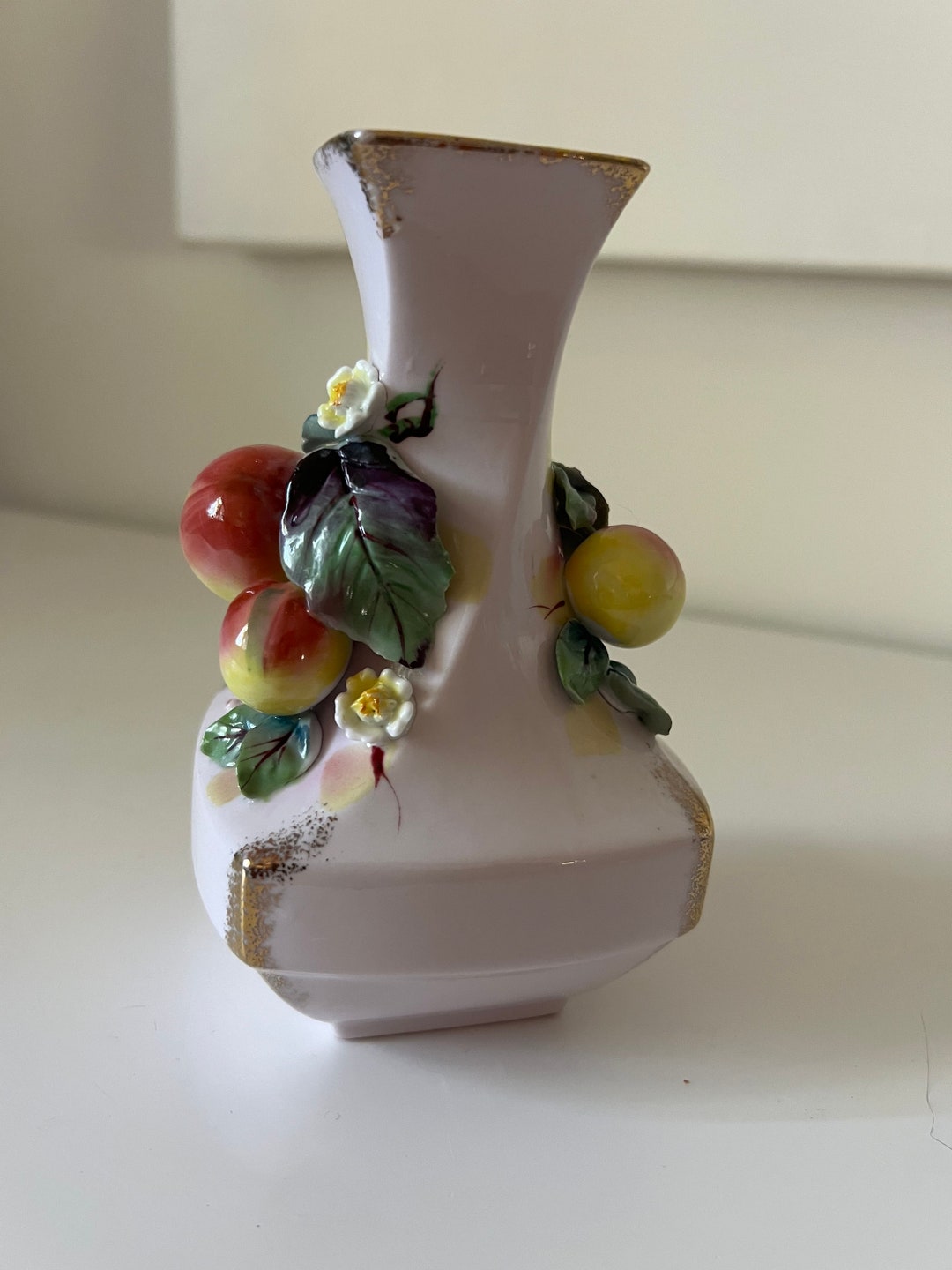 LEFTON Vintage Hand Painted Vase Fruit and Flower Ceramic Gold Trim ...