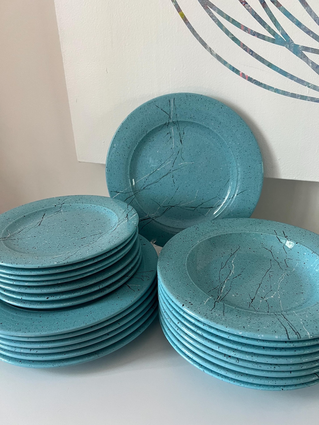 Pier 1 "galaxy" Turquoise Blue With Black and Whute Splatter and Line ...