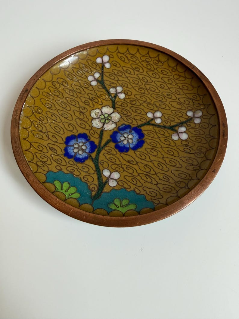 Vintage Chinese Cloisonné Round Trinket Dish Floral Cherry Blossom ...