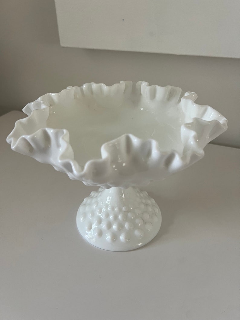 Vintage Fenton Hobnail Milkglass Ruffled Edge Pedestal Candy Dish ...