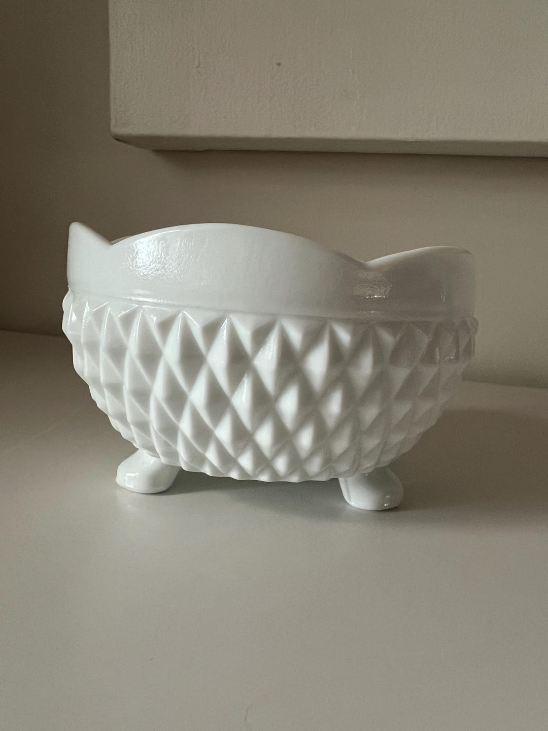 Vintage Indiana White Milk Glass Three Footed Diamond Point Pattern ...