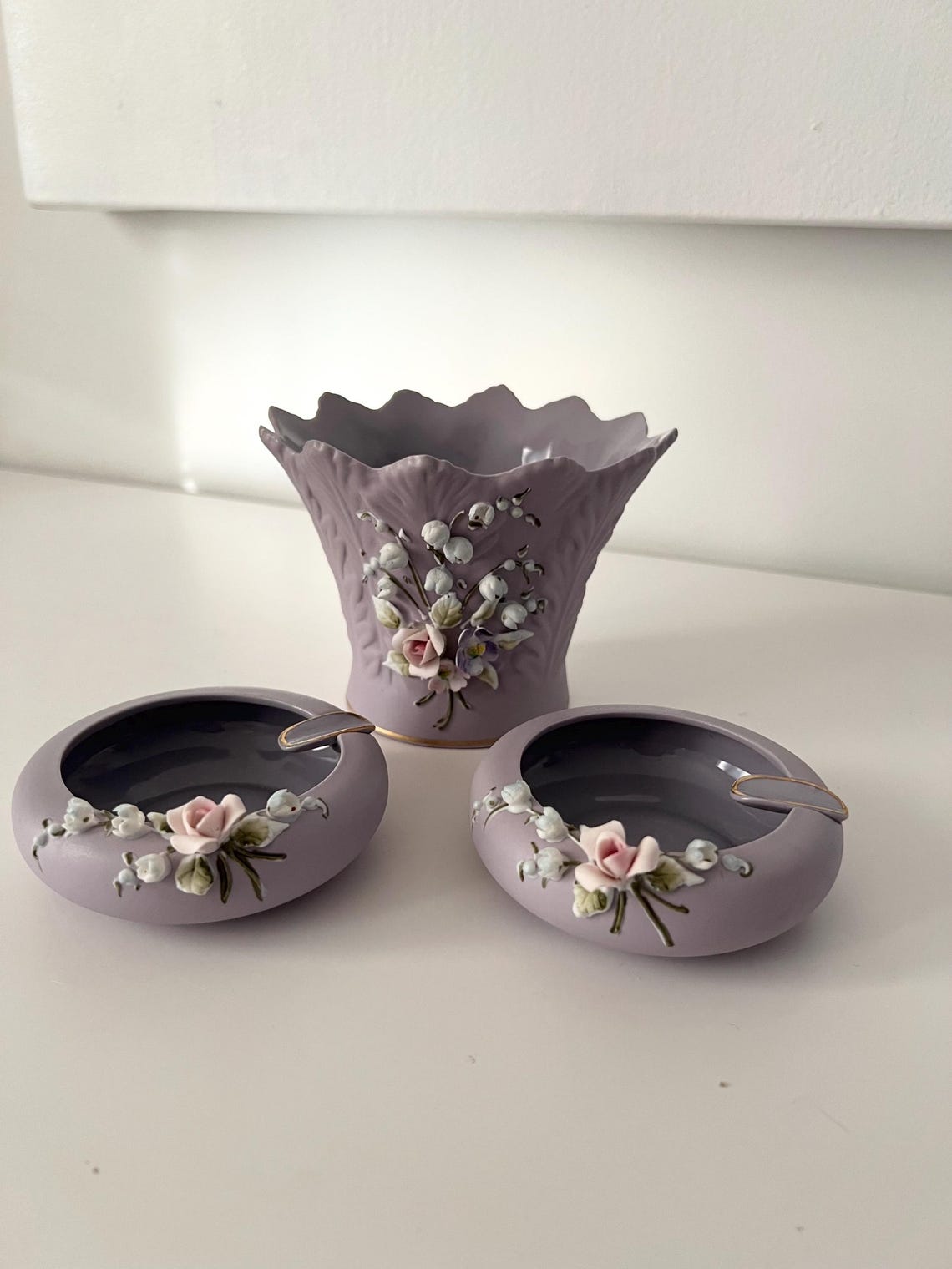 Lefton 4” Planter and Tray Set. Delicate Lavender and Pink Floral ...