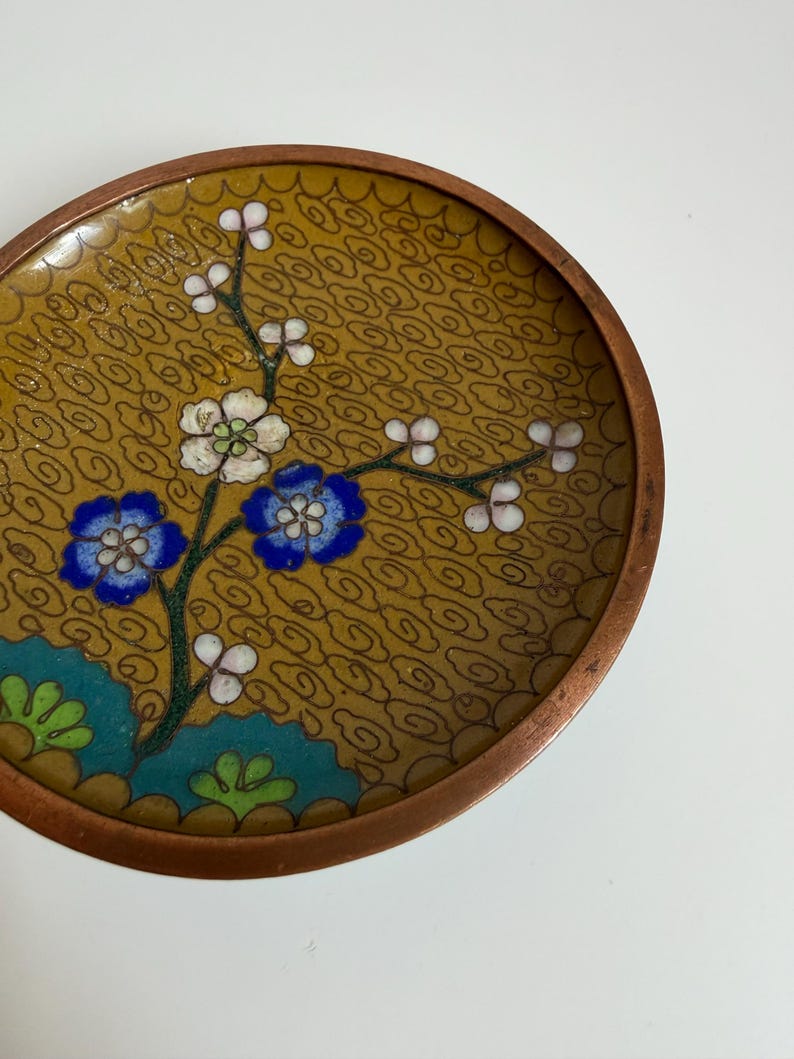 Vintage Chinese Cloisonné Round Trinket Dish Floral Cherry Blossom ...