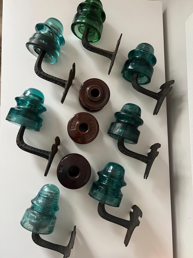 Antique Glass Insulators With Iron Brackets & Porcelain Spools ...