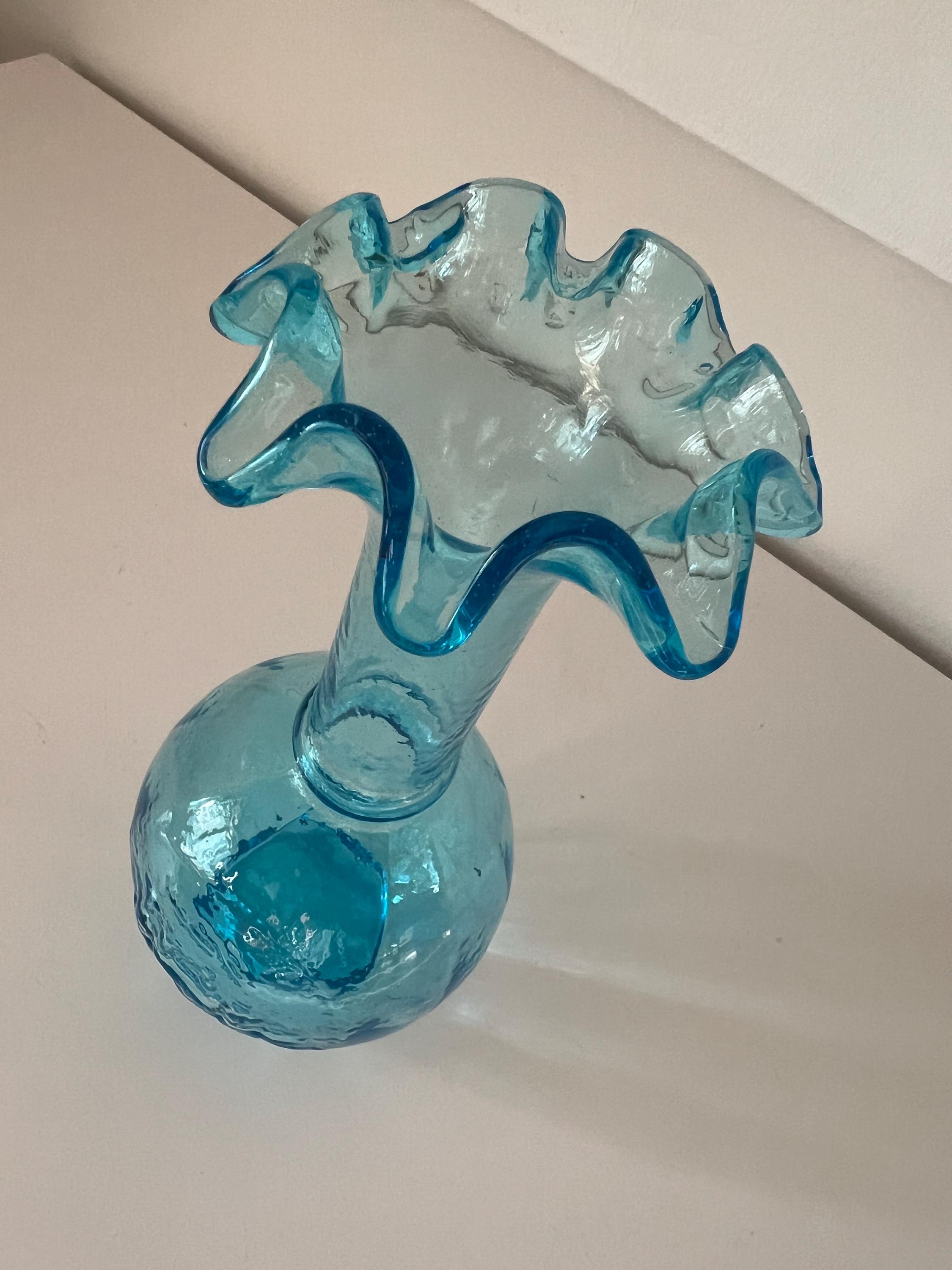 Vintage Blue Glass Vase With Train Embossment With Stemmed Ruffled Top ...