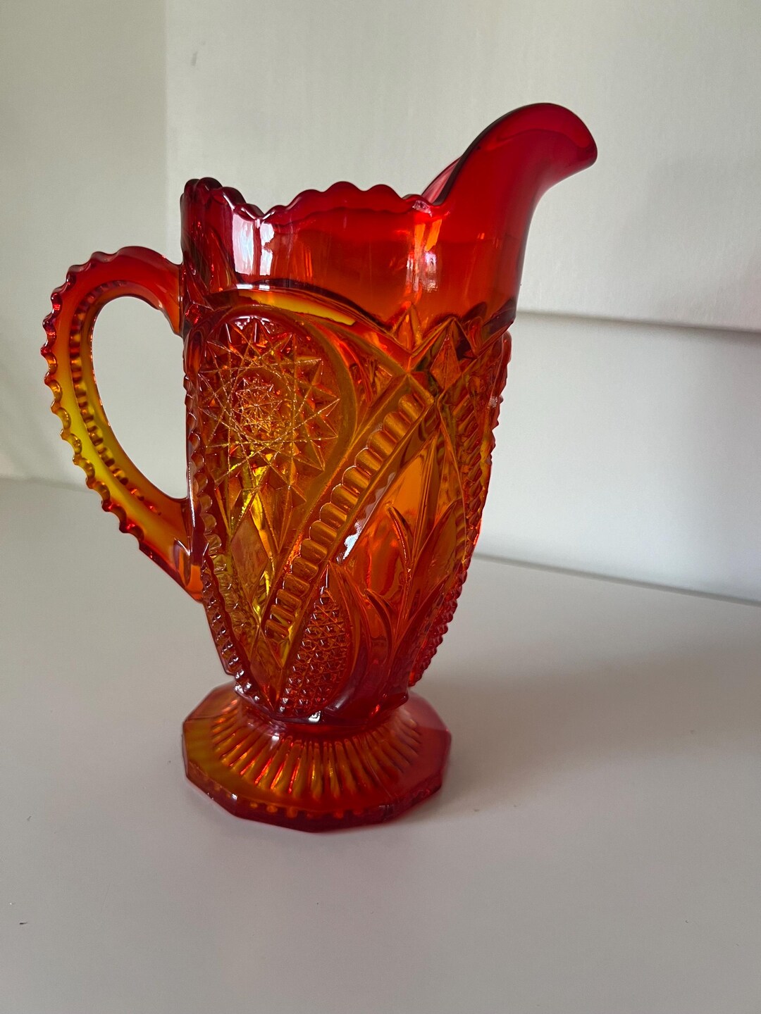 Vintage Cut Glass Water Pitcher Viking Yesteryear Pattern Amberina Red Orange 8”t X 4”w X 7 ...