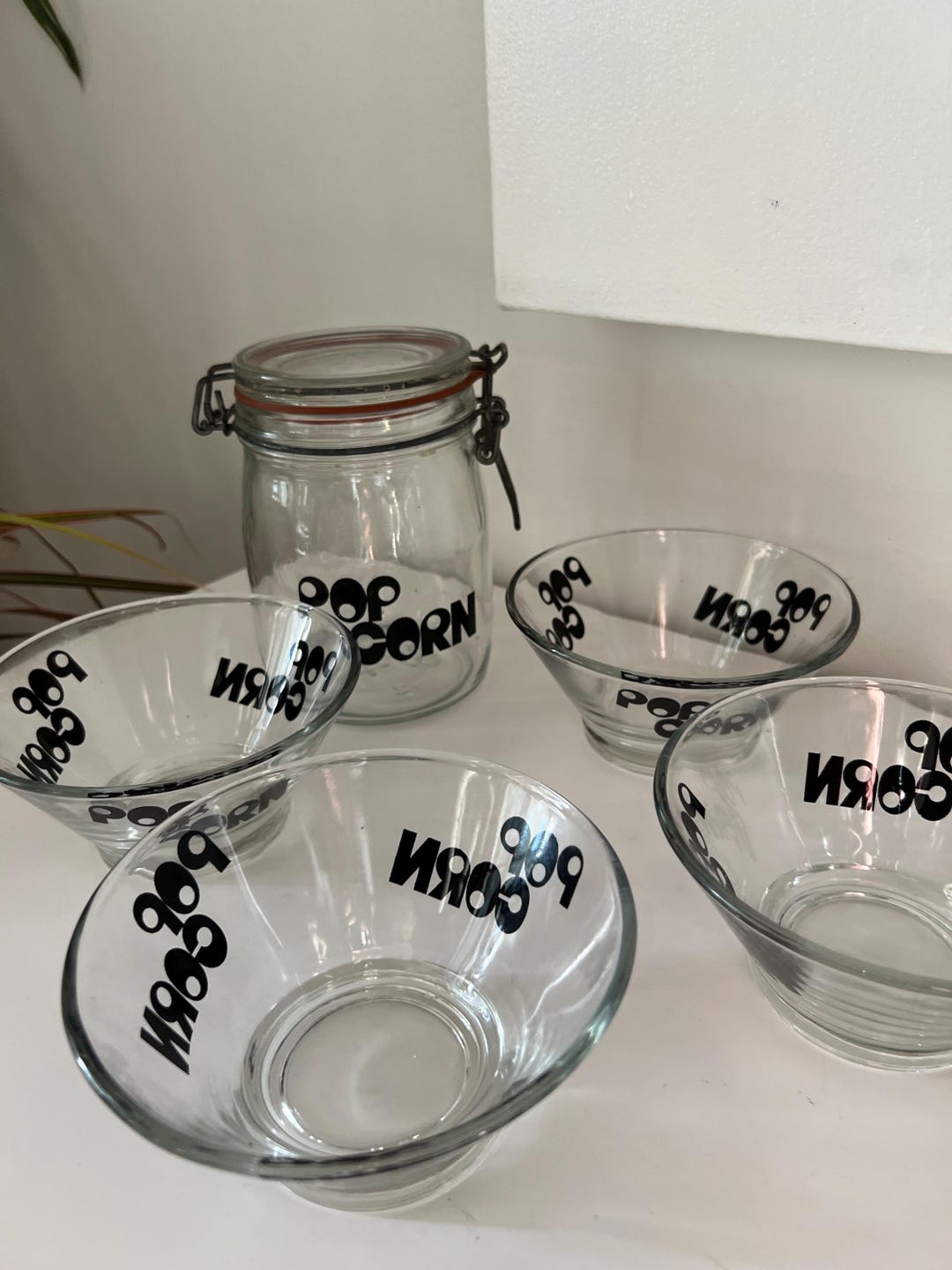 Vintage Wheaton Glass Popcorn Bowls and Jar | 5 Piece Set Black Letters ...
