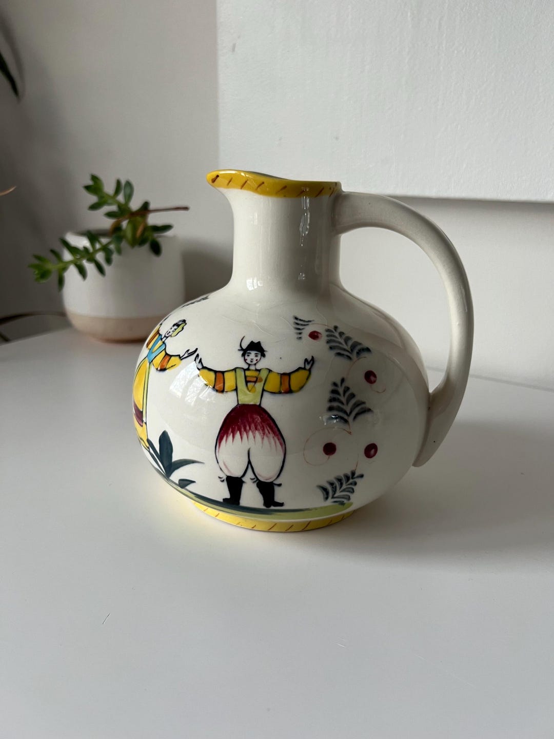 Vintage Folk Art | Quimper Style Hand Painted Water Pitcher | Wine ...