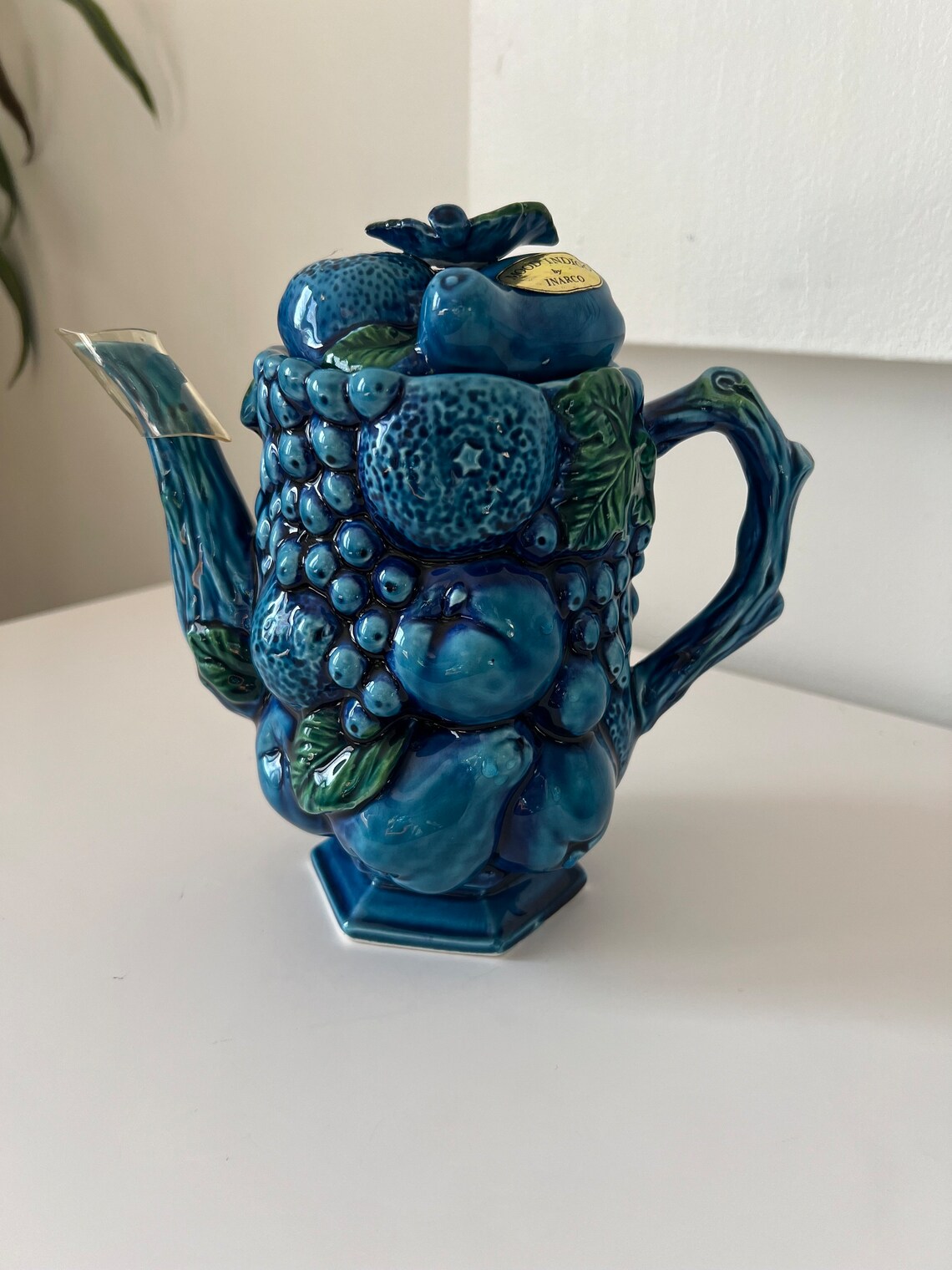 Vintage 8" Tall Inarco Indigo Japan Grapes Berries Fruit Ceramic Teapot ...