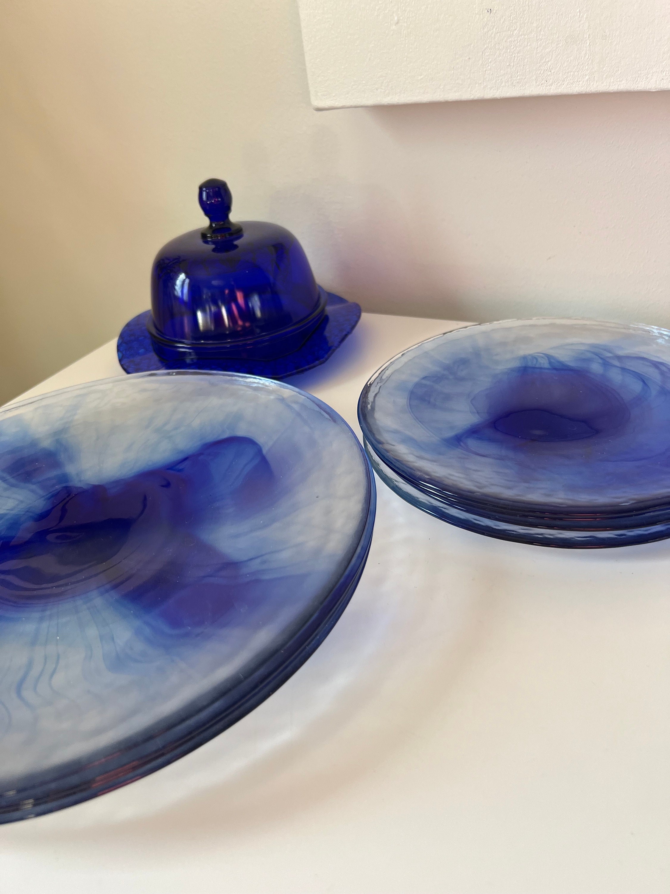 Bormioli Rocco Murano Cobalt Blue Swirl Splash Clear Glass Dinner ...