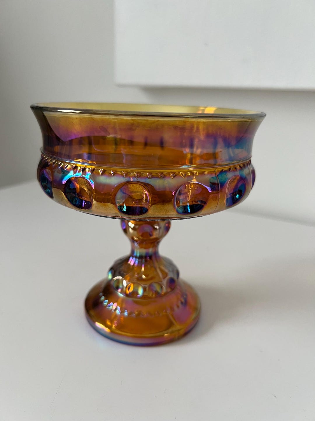 Kings Crown Gold Carnival Glass Compote Dish / Thumbprint / Pedestal ...