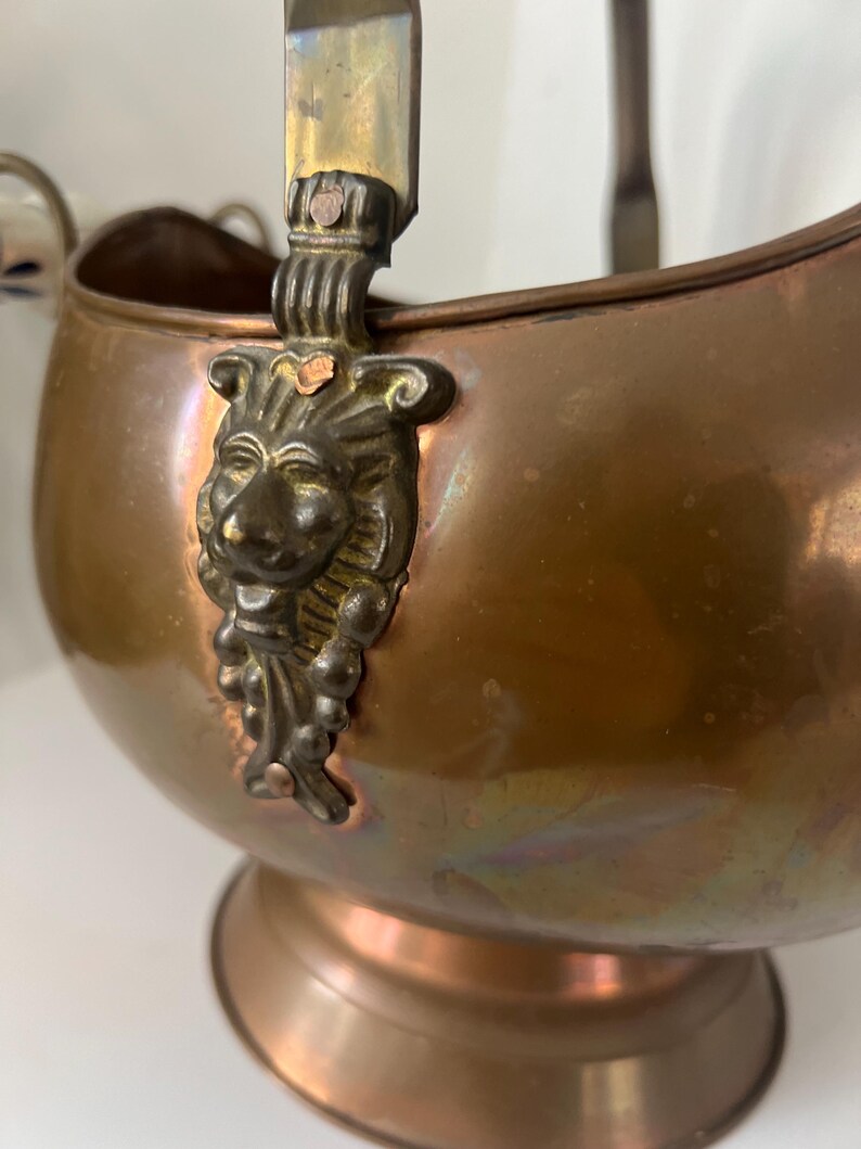 Antique Large Copper Coal Scuttle Ash Bucket Planter Brass Lion's Heads ...