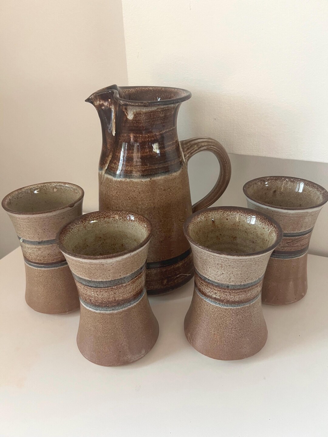 Vintage Old Mill Pottery Studio Art Pottery Jug|pitcher & 4 Tumblers ...