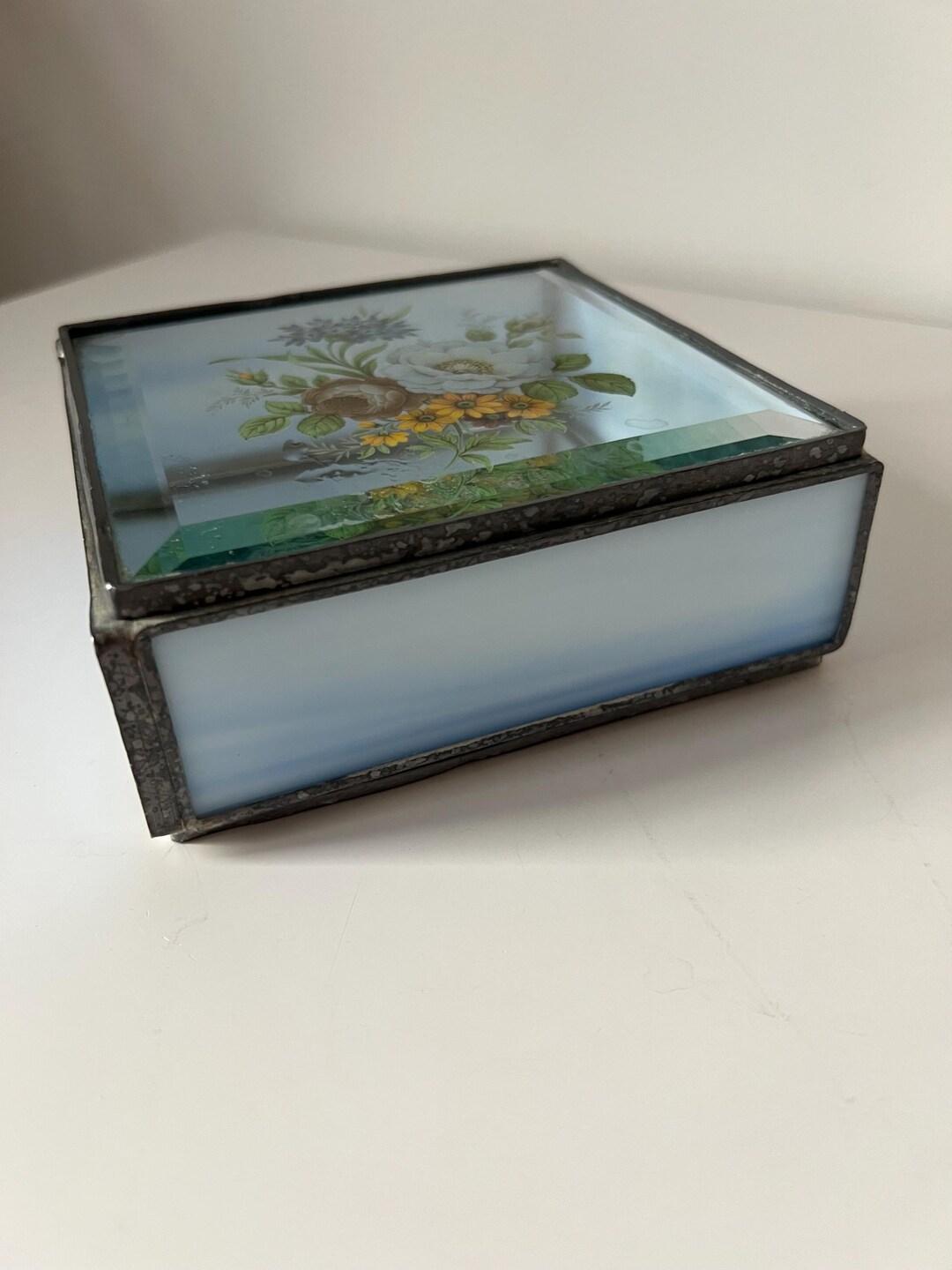 Vintage Reuge Blue Botanical Stained Glass Music Box Jewelry Trinket ...