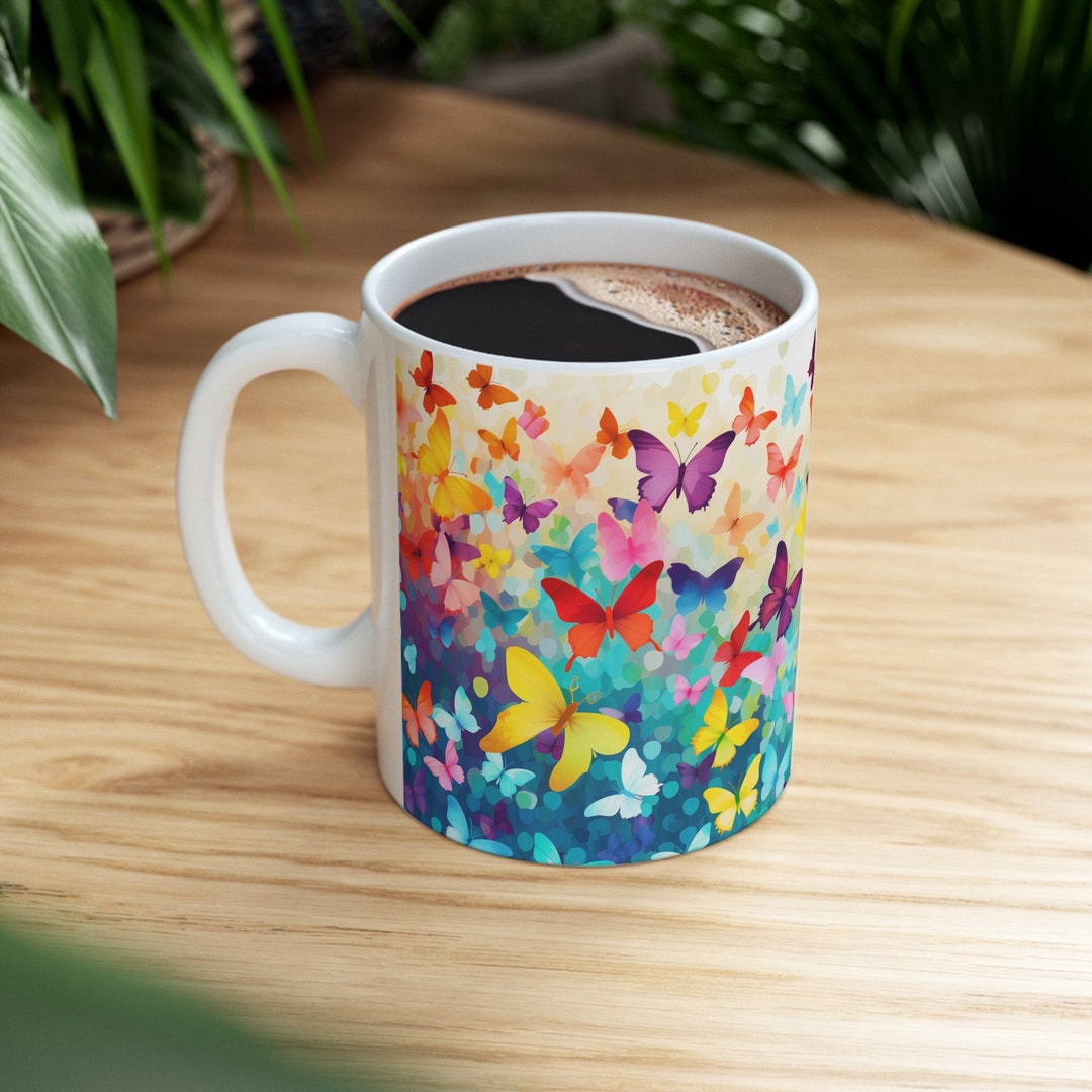 Butterflies Coffee Cup Ceramic Mug, (11oz, 15oz) Colorful Butterfly Mug ...