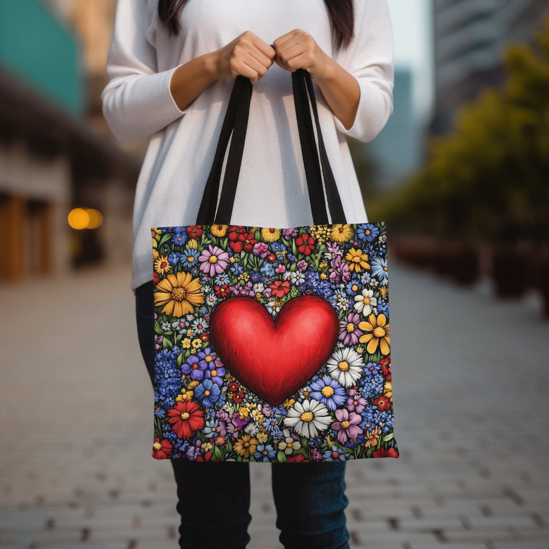Heart and Flowers Tote Bag (AOP) Floral Design Carry-all Bag Big Heart ...