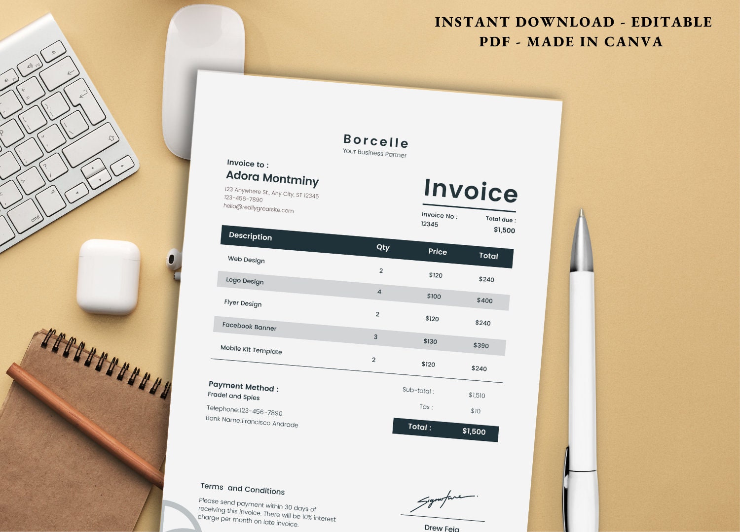 Modern Invoice Templates Set, Printable Invoices, Customizable Design ...