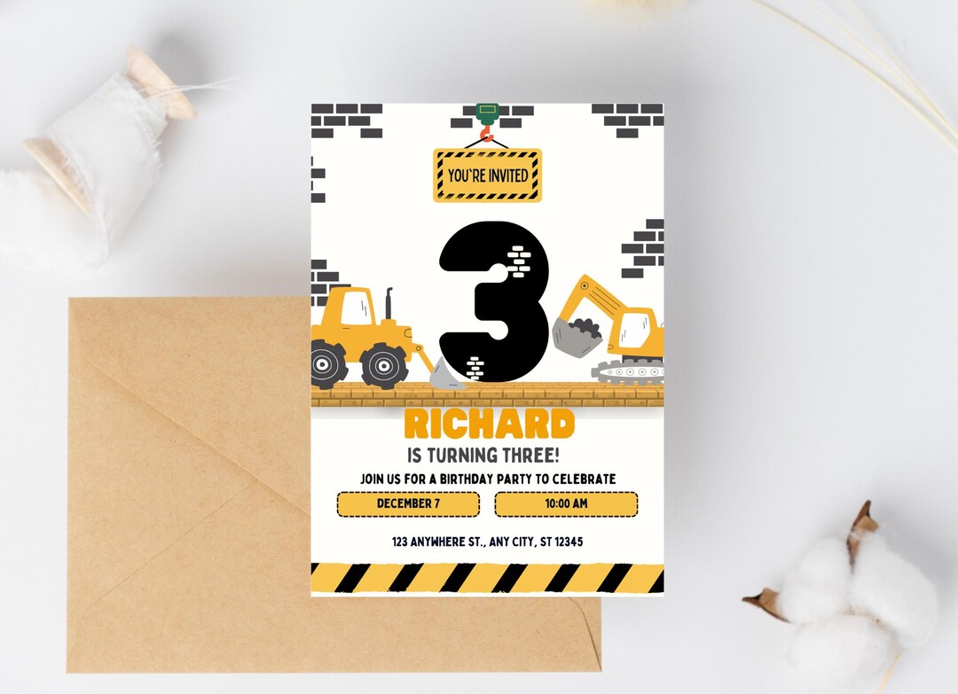 Editable Construction Birthday Party Invitation Template Construction ...