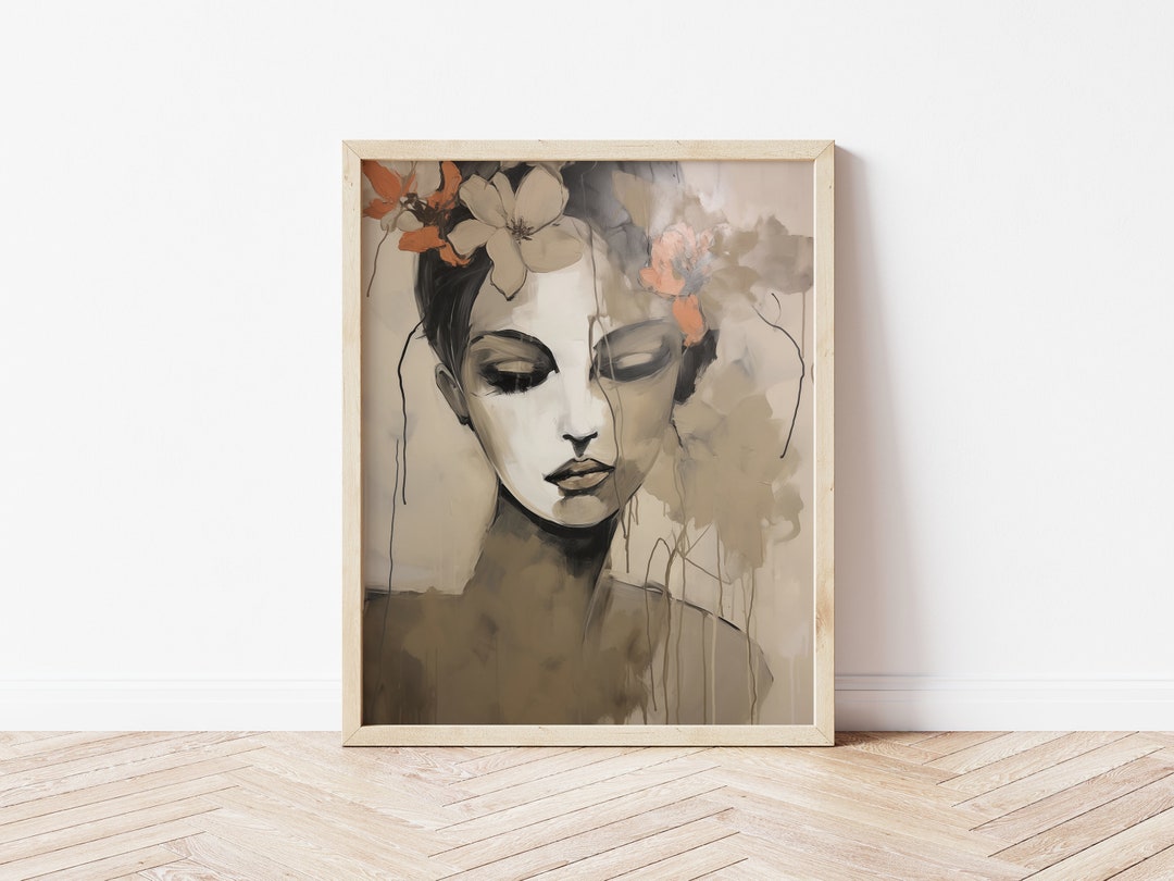 Abstract Surrealist Woman With Flowers, Digital Art Print in Dark Beige ...