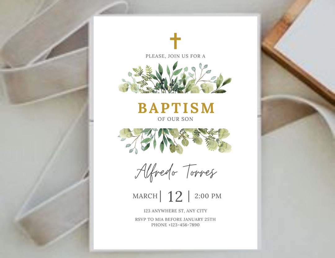 Green Gold Rustic Child Baptism Invitation - Etsy