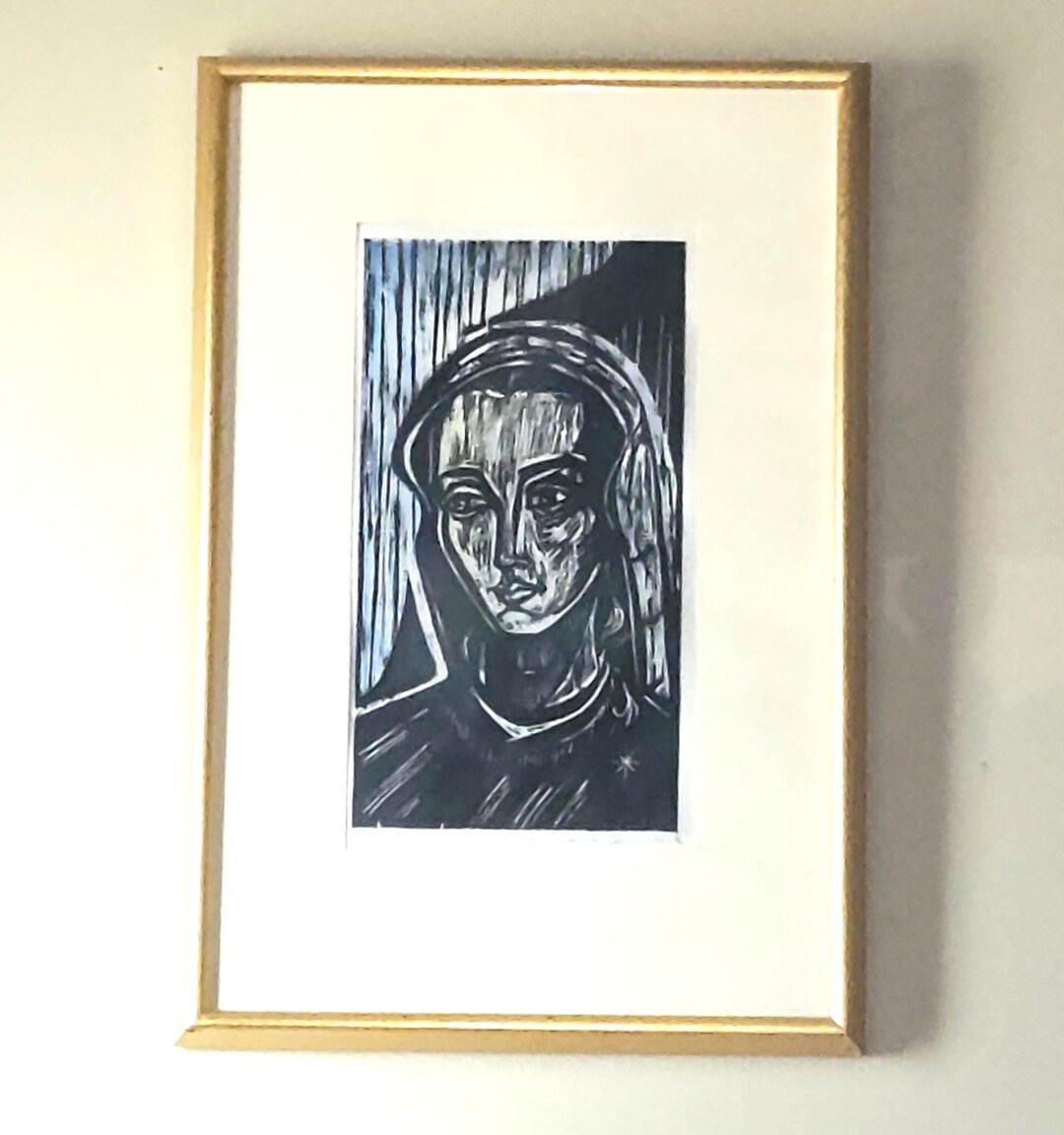 Framed Linocut Print of Mary: Signed Religious Artwork by Sister ...
