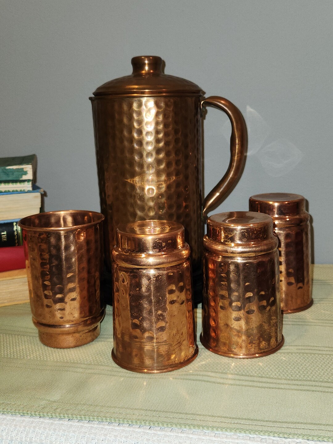 Vintage Pure Copper Pitcher Cups Set Hammered 4 Water Tumblers - Etsy