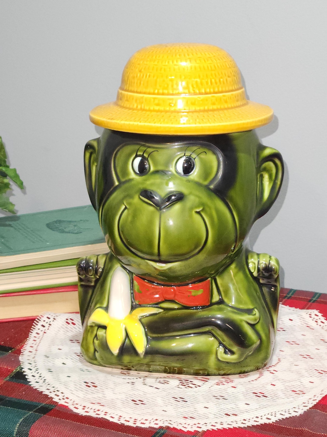 Vintage Ceramic Cookie Jar Monkey in Hat - Etsy