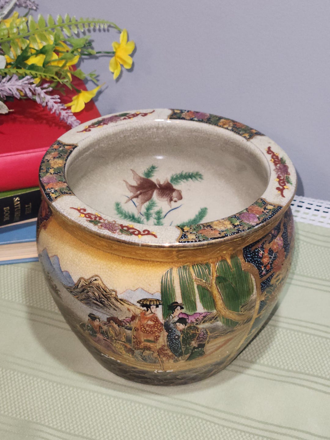 Satsuma Japan Porcelain Fish Bowl Geisha Koi Urn Planter Ceramic ...