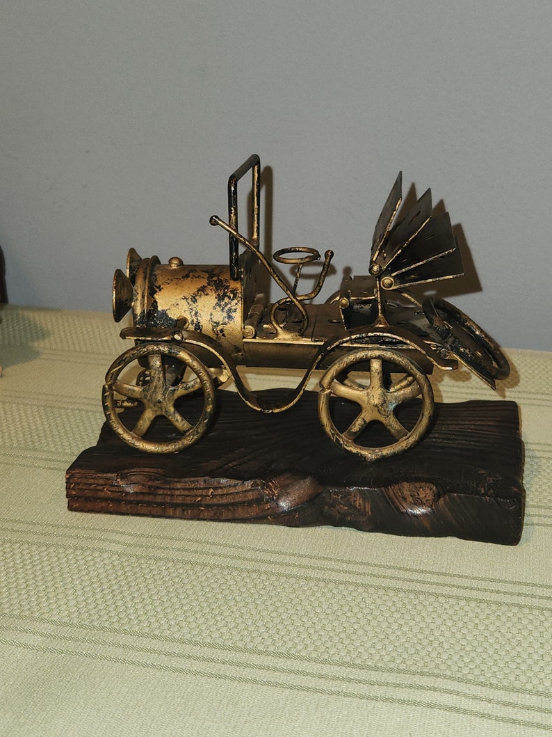 Vintage Antique Car Scrap Metal Art on Walnut Base Sterner Spain Steam ...