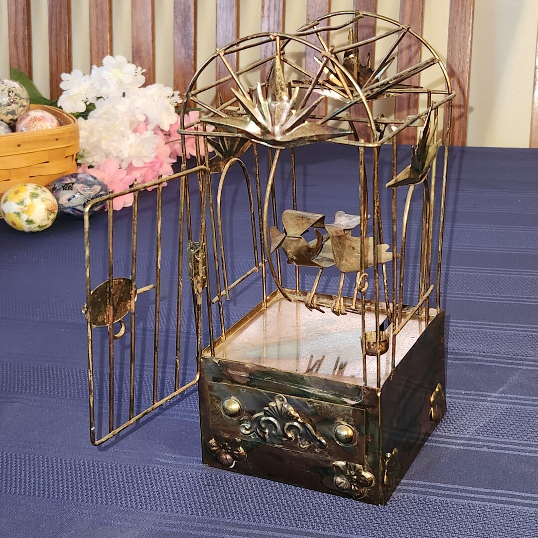 Vintage Moving Music Box Birdcage Copper Swinging Bird Plays Yellow ...