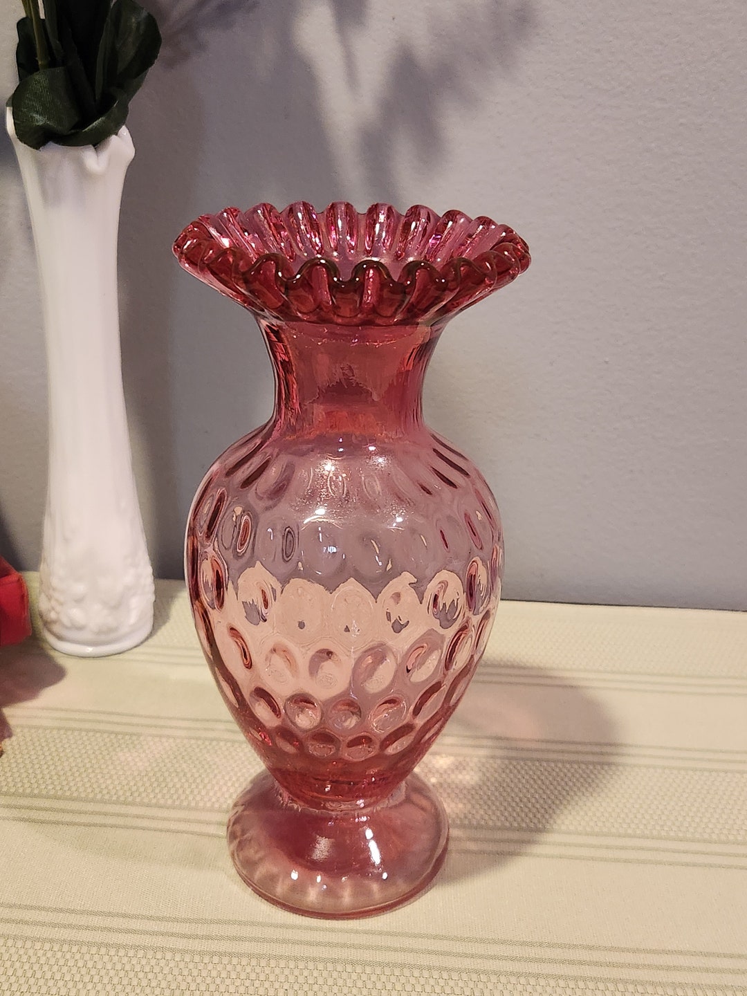 Fenton Art Glass Cranberry Coin Dot Ruffle Vase Vintage - Etsy