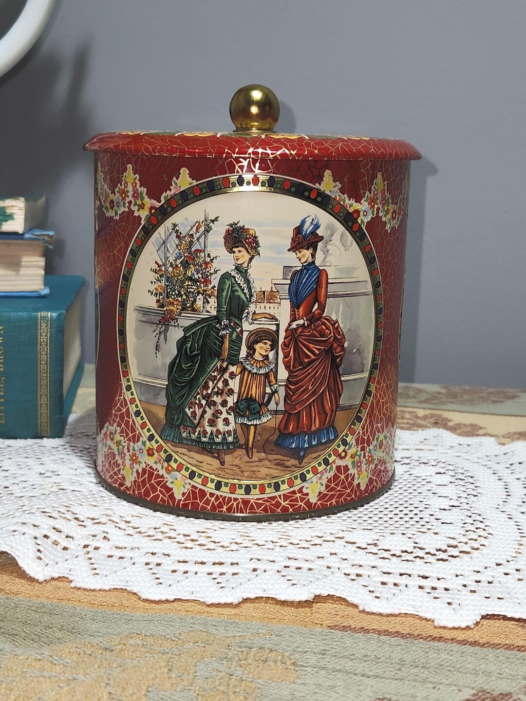 Vintage English Biscuit Tin With Lid Container Red Victorian Ladies ...