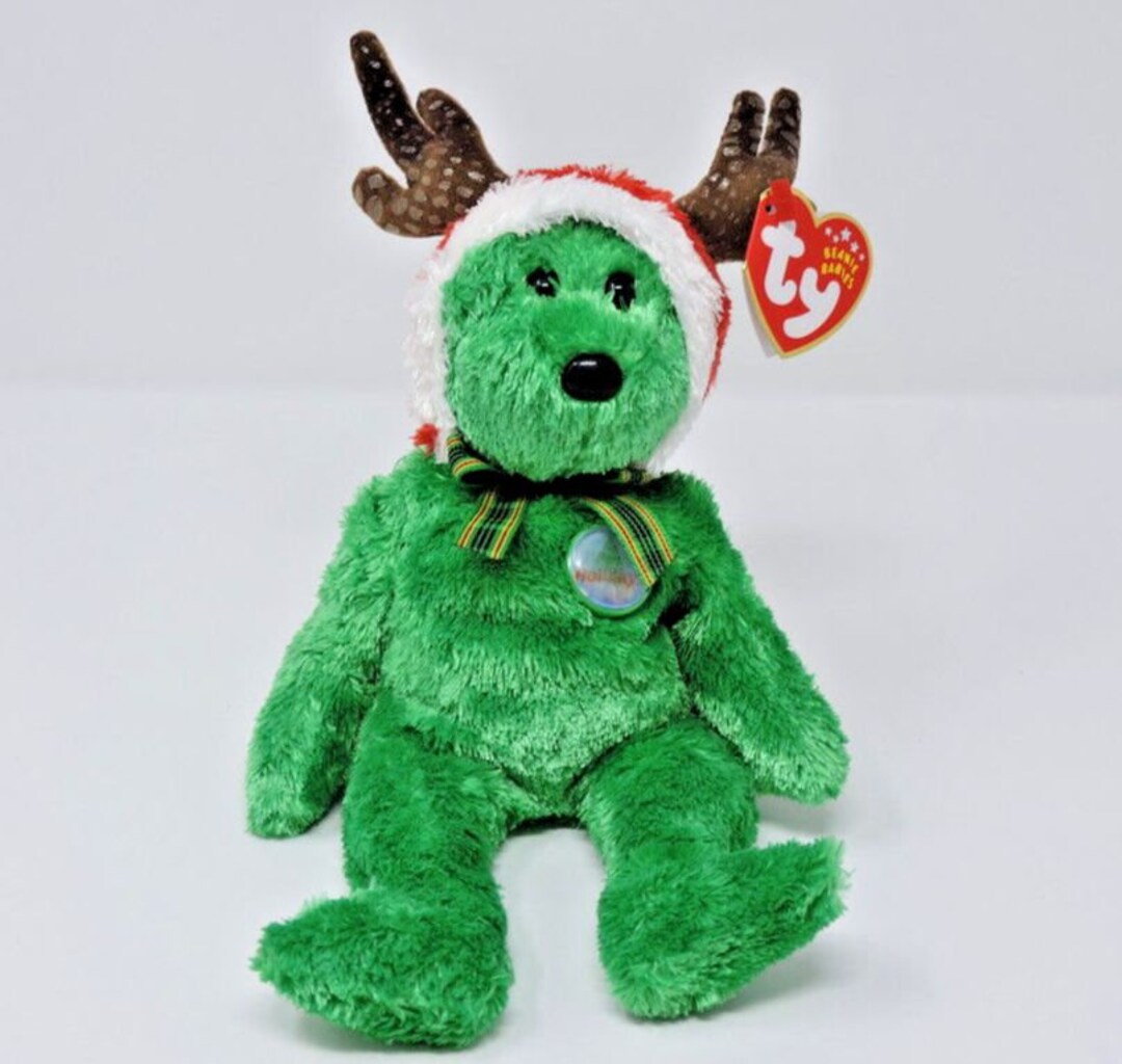 Ty Beanie Babies 2002 HOLIDAY TEDDY Bear Plush MWT Green Santa Hat ...