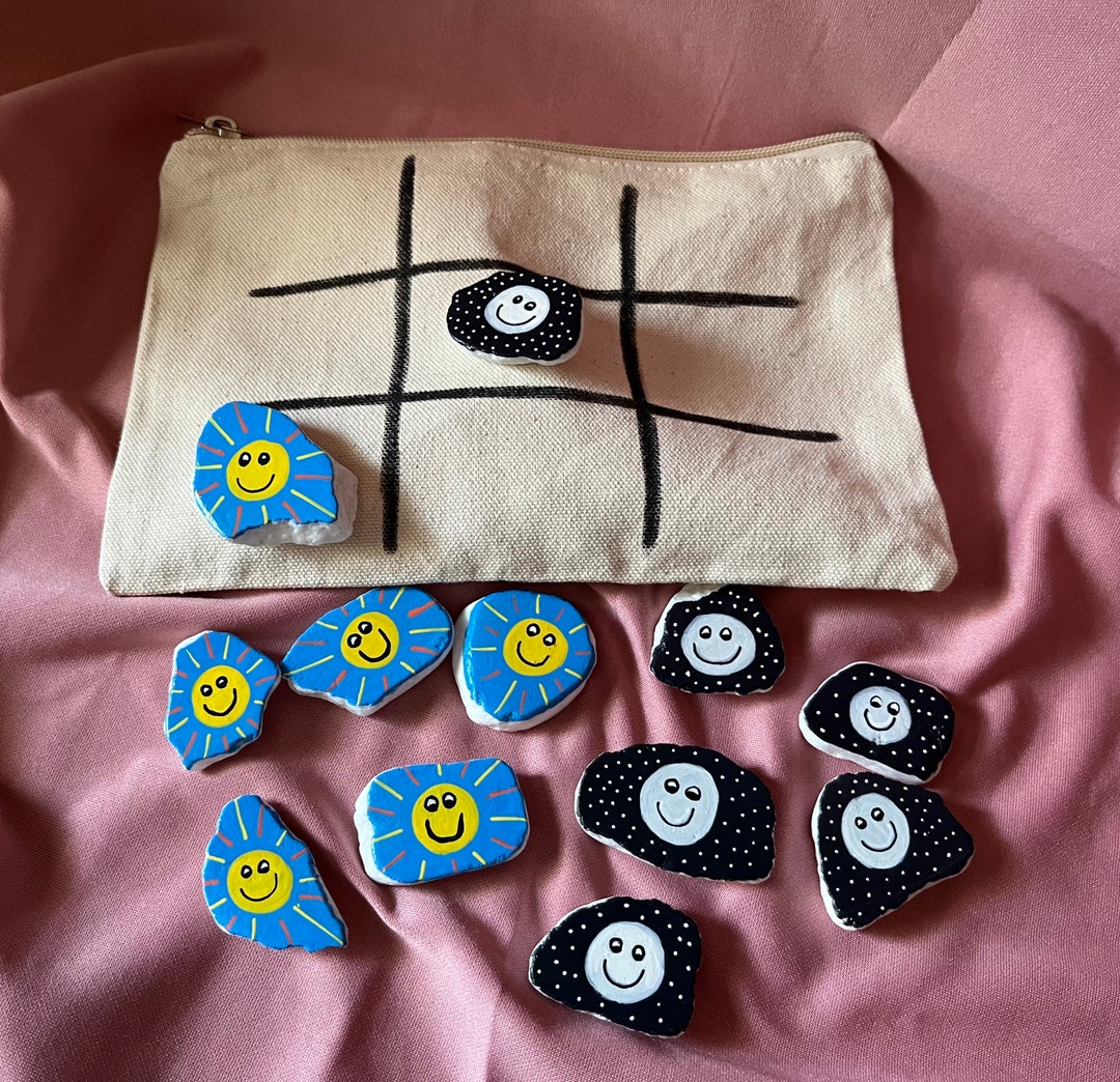 Tic Tac Toe Painted Rocks, Suns and Moons in Zippered Canvas Bag. A ...