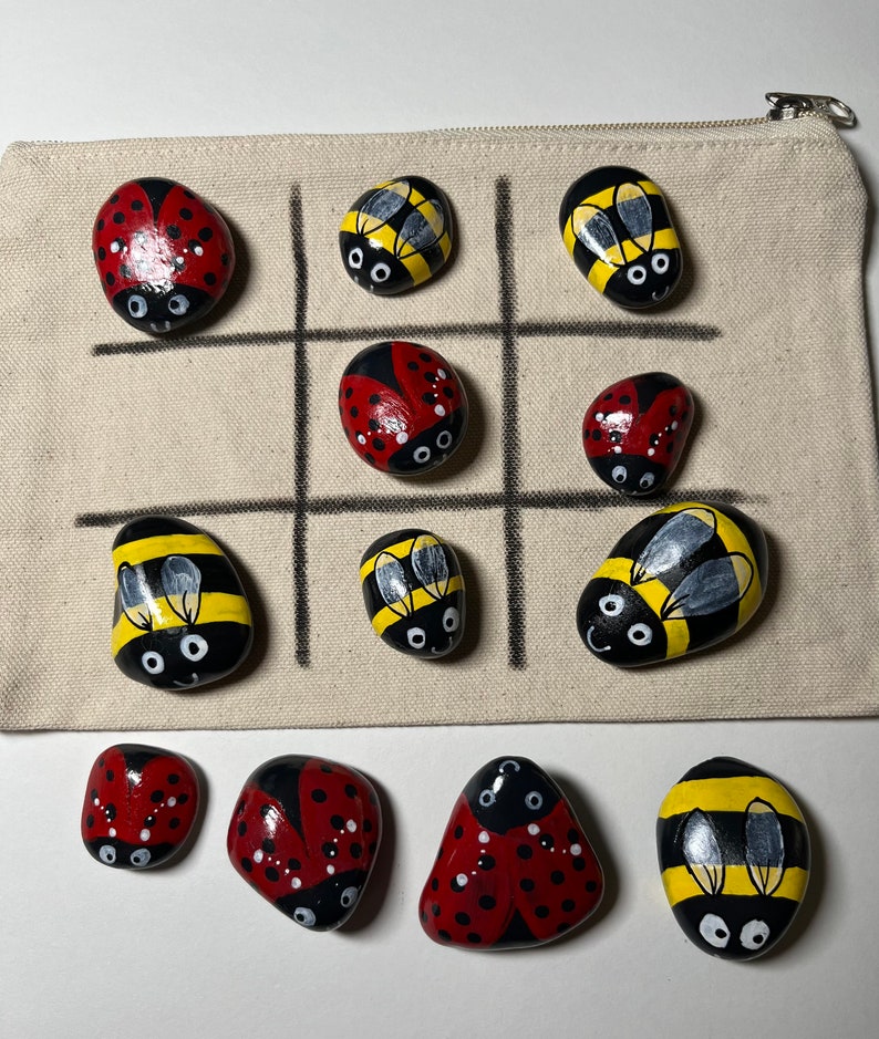 Tic Tac Toe Painted Rocks, Bees and Lady Bugs in Zippered Canvas Bag. A ...