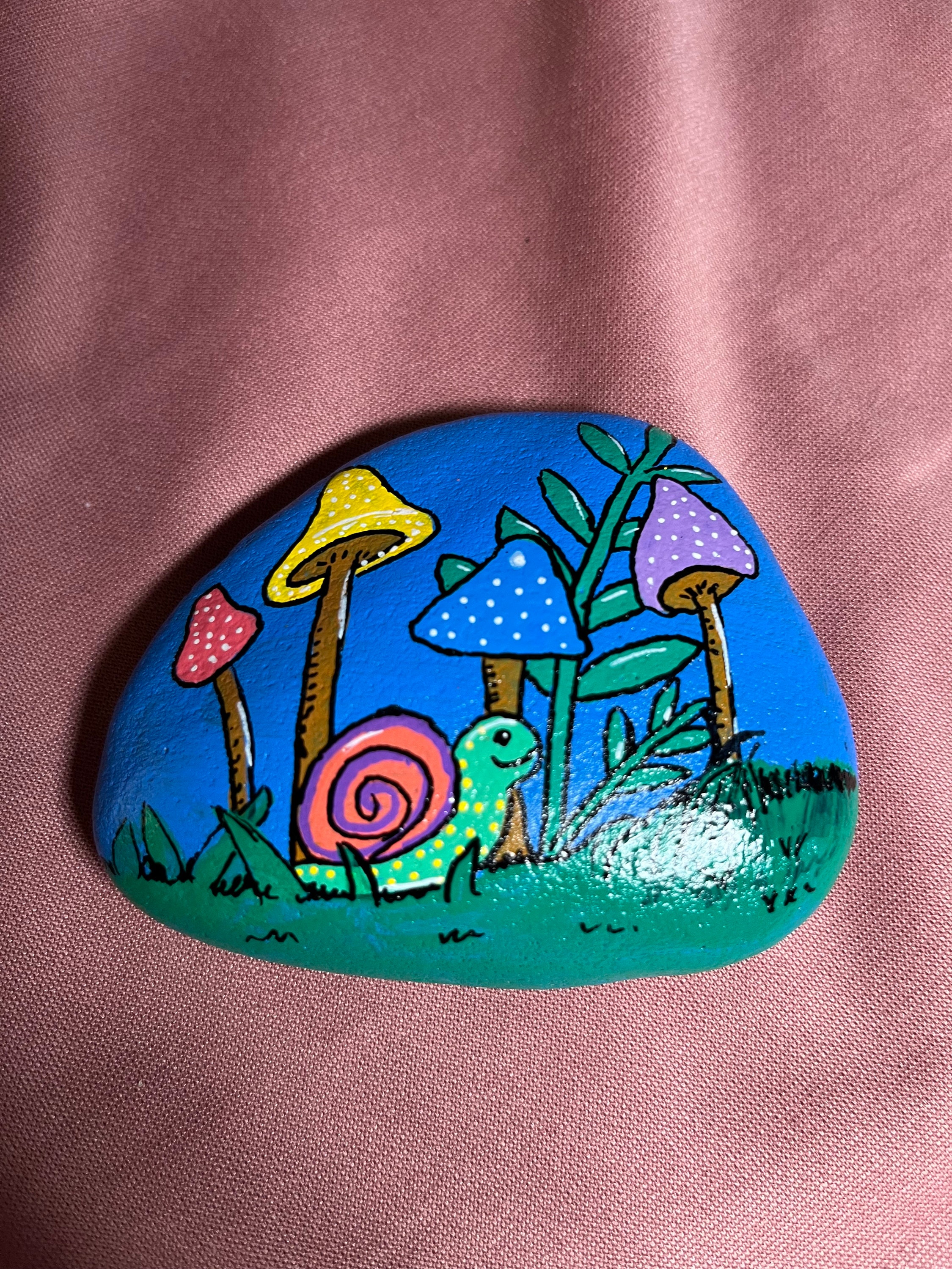 Hand Painted Garden Stone, Mushrooms and Snail, One of a Kind. Garden ...