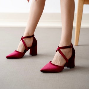 Dark Red Velvet Heels, Red Velvet Pumps, Burgundy Wedding Heels, Women ...