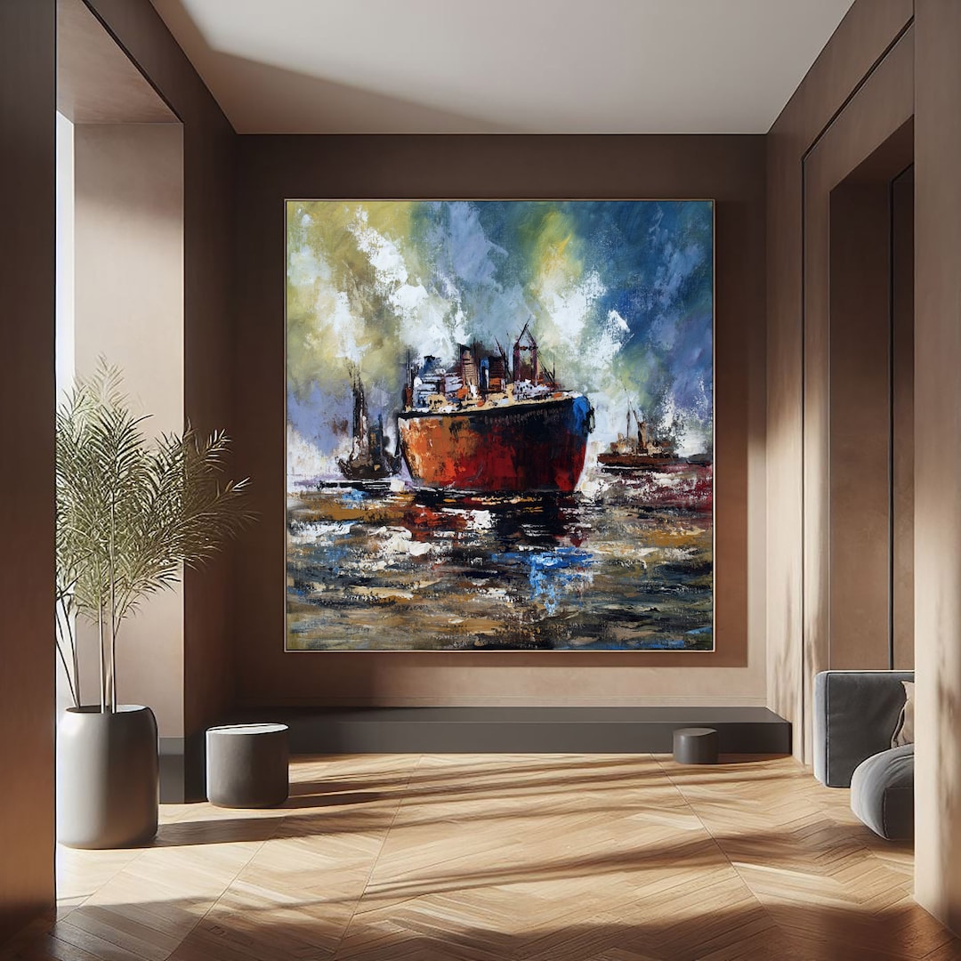 Abstract Ocean Art Large Cargo Ship Painting With Sky, Vibrant Abstract ...