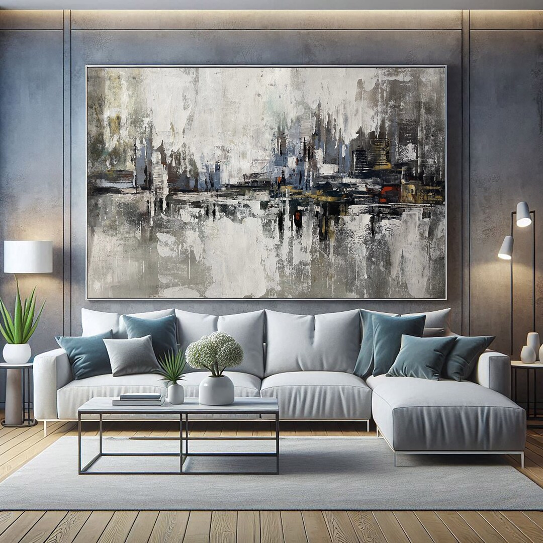 Abstract Cityscape Painting, Blue Acrylic Urban Art, Modern Wall Decor ...