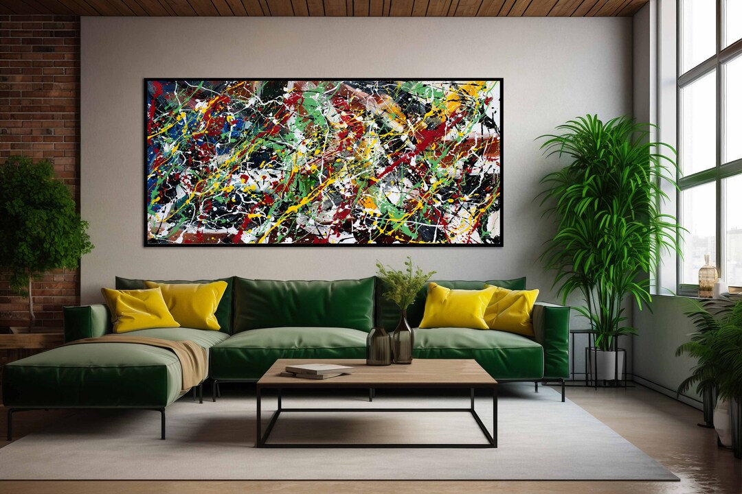 Large Jackson Pollock Style Drip Painting, Vibrant Multicolor Acrylic ...