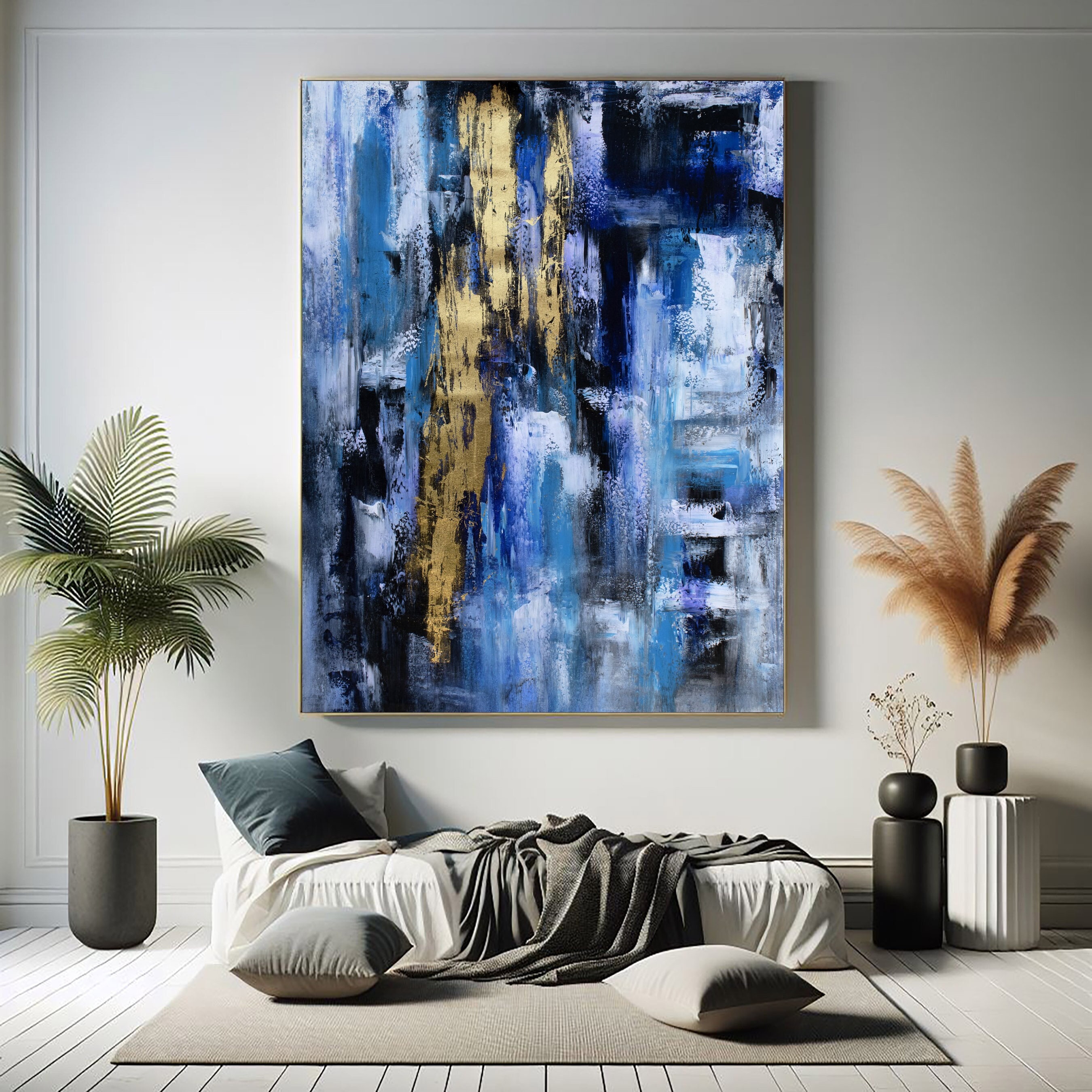 Extra Large Abstract Wall Art Decor Piece, Luxury Navy Blue and Gold ...