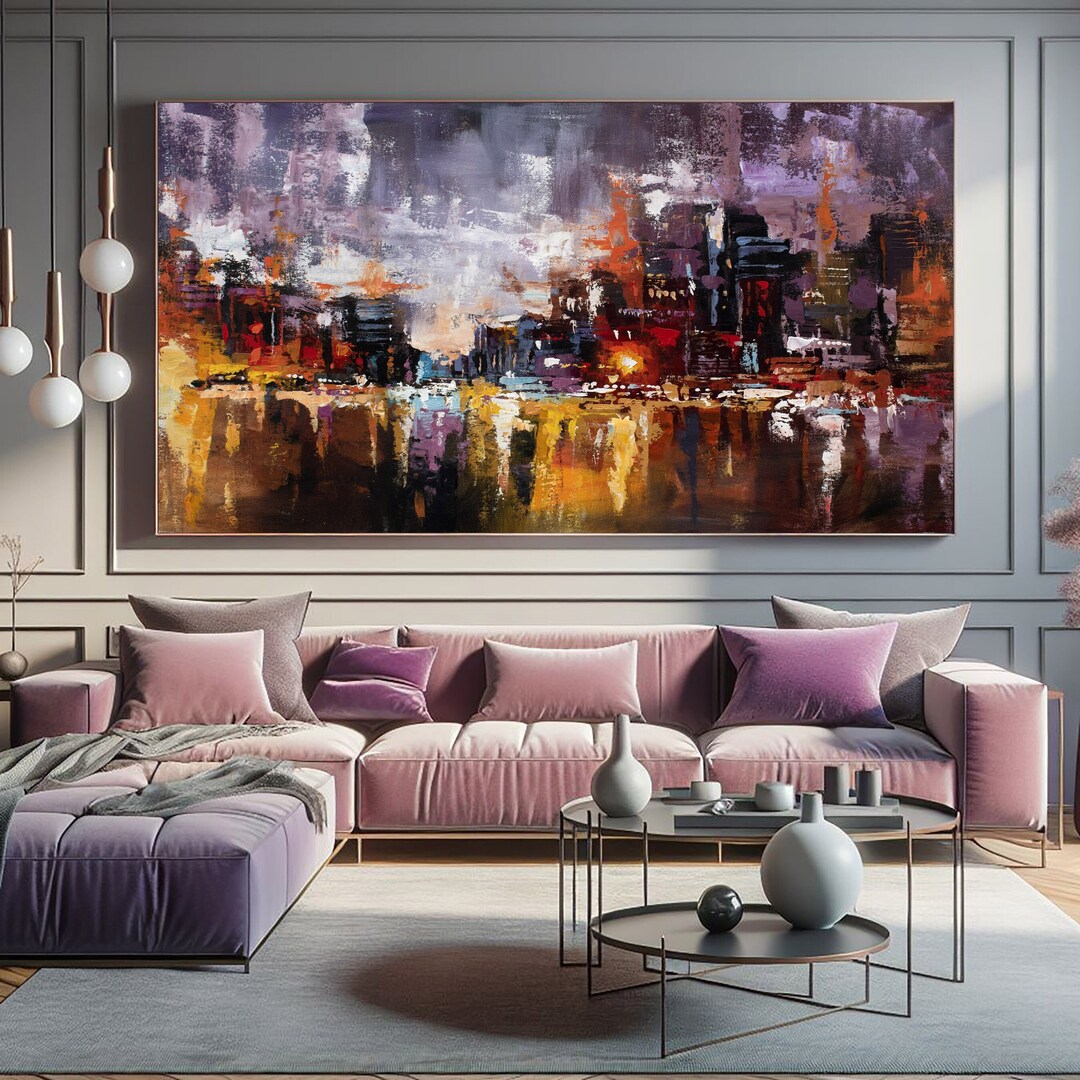 Modern Abstract Cityscape Artwork, Vibrant Urban Skyscapes, Handcrafted ...